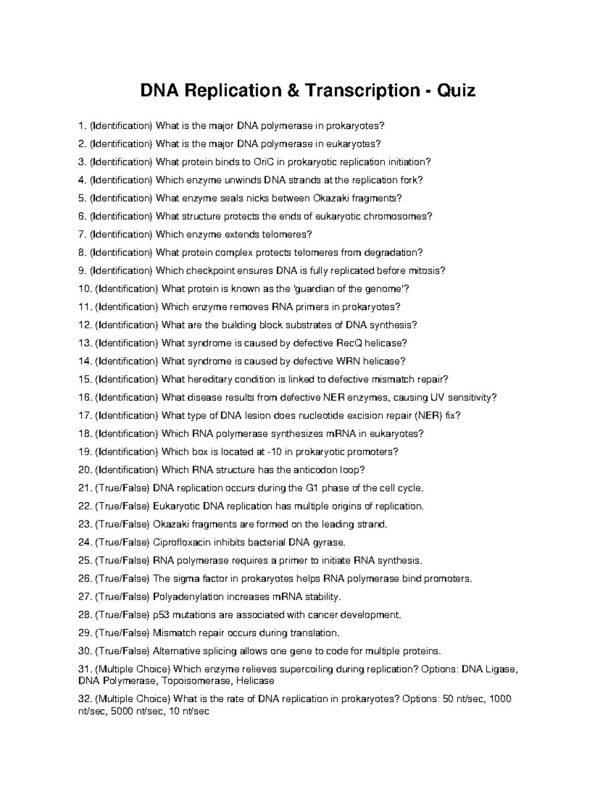 DNA Replication & Transcription Quiz 1: Key Concepts & Questions - Studocu