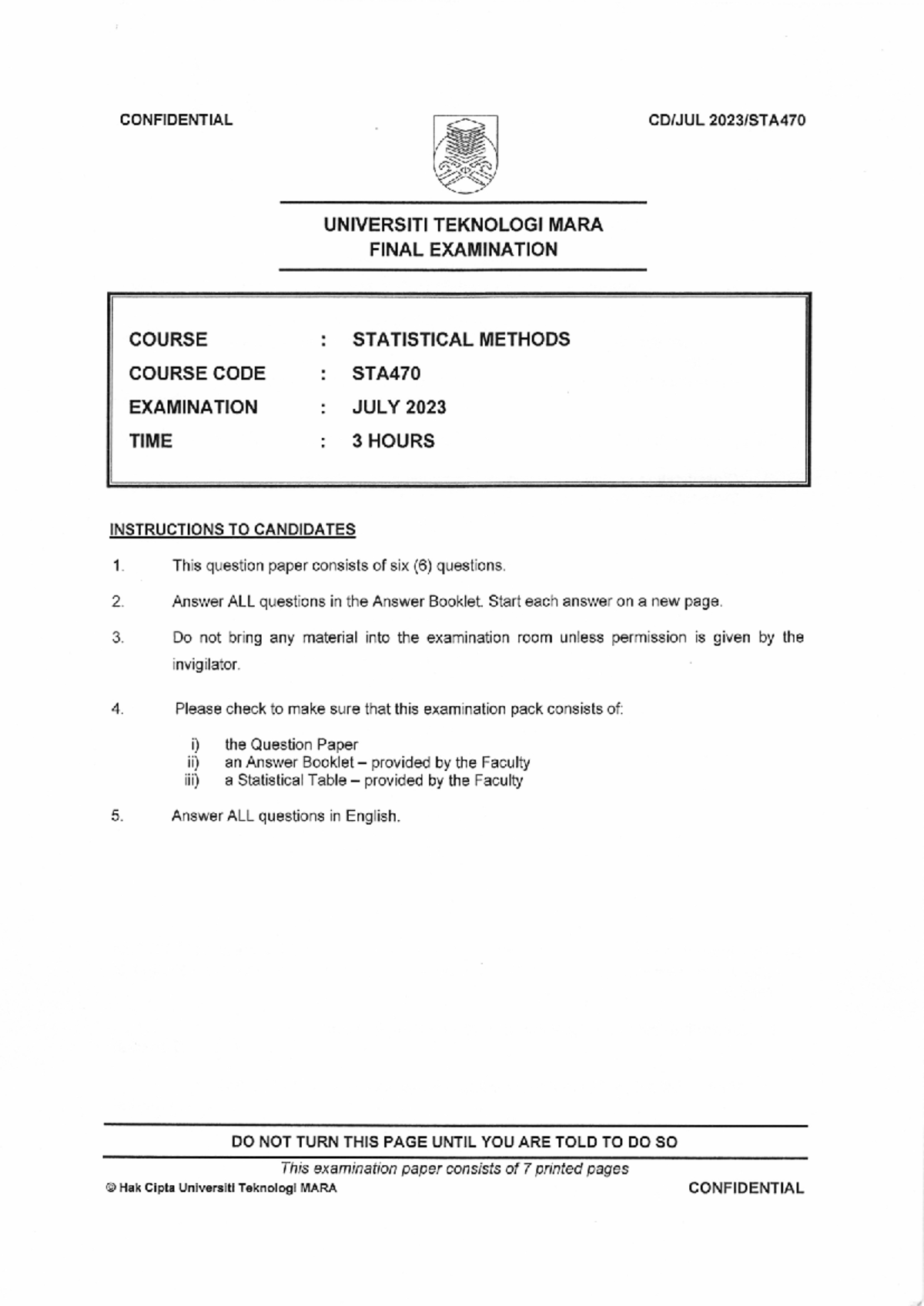 STA470 Final Exam July 2023 - Statistical Methods Question Paper - Studocu