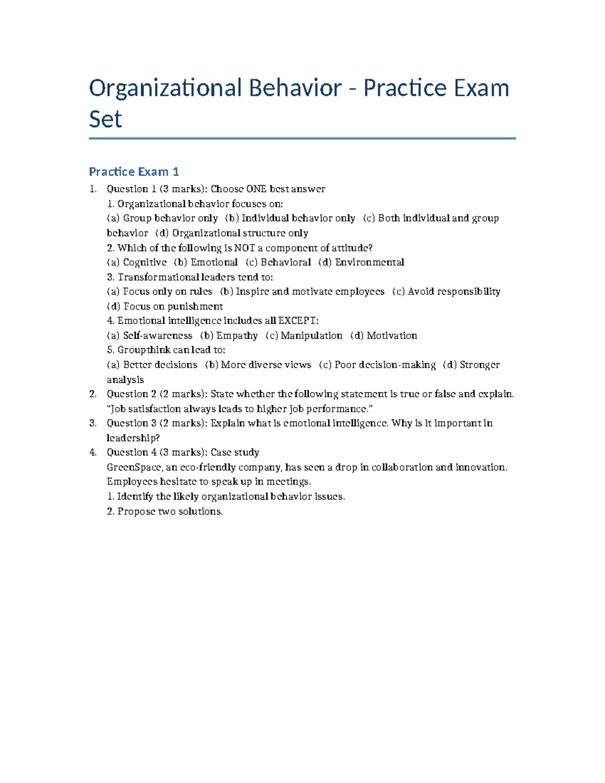 Organizational Behavior Practice Exam 1: Key Concepts & Case Study ...