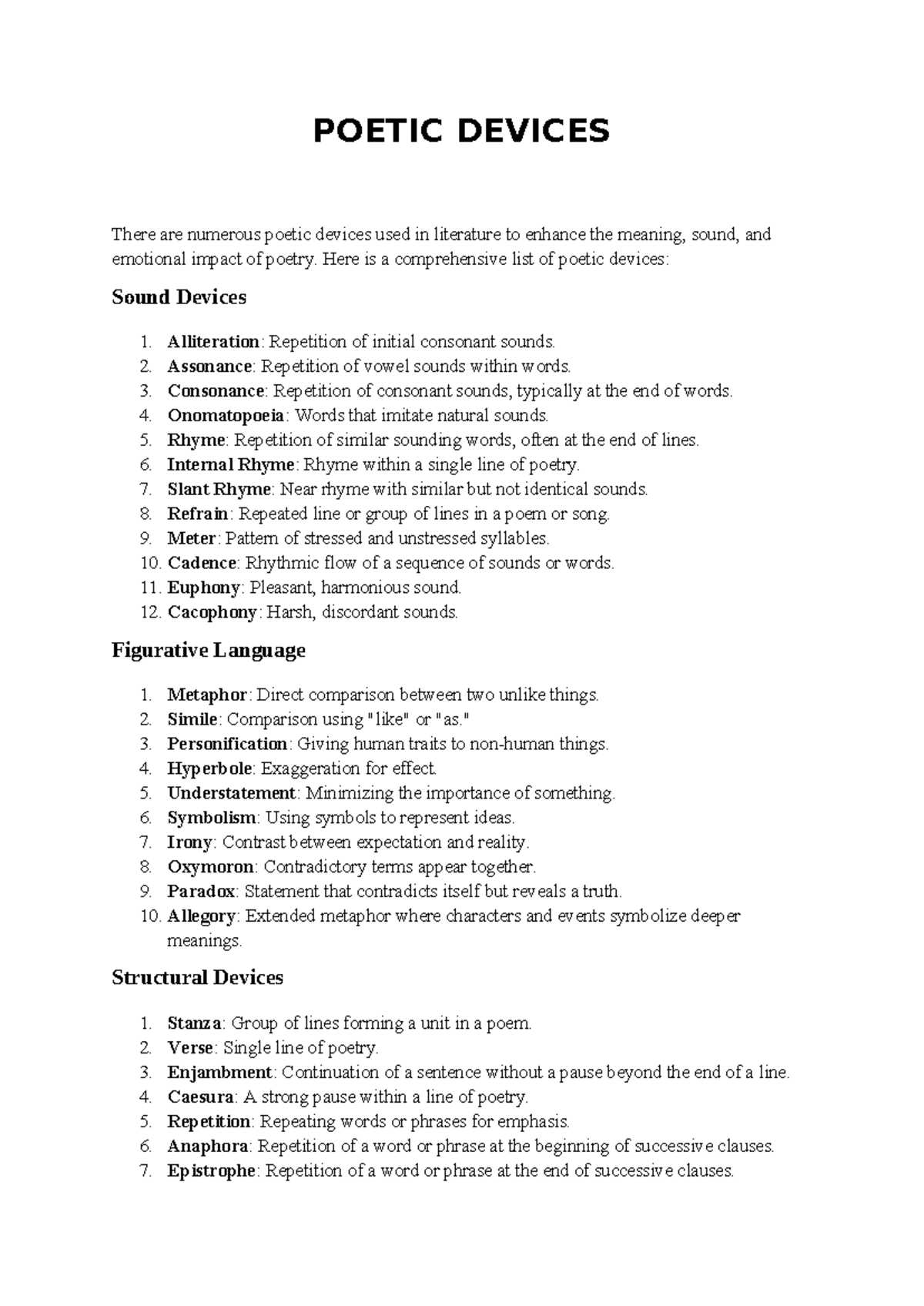 Poetic Devices Overview - Recommended for All English Topics - Studocu