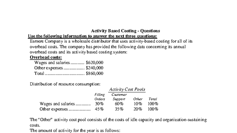 ABC Costing Tutorial Questions for Activity Based Costing - Studocu