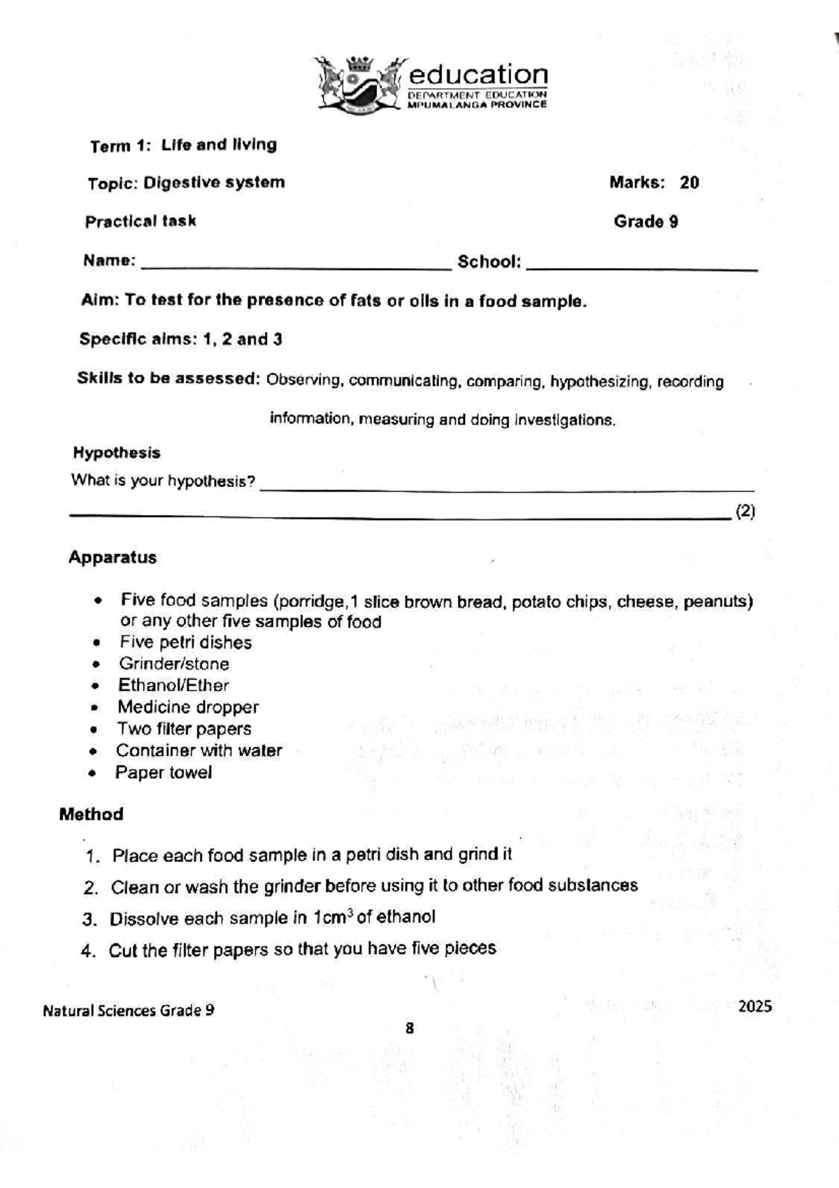Grade 9 Natural Sciences Practical Task: Digestive System Investigation ...