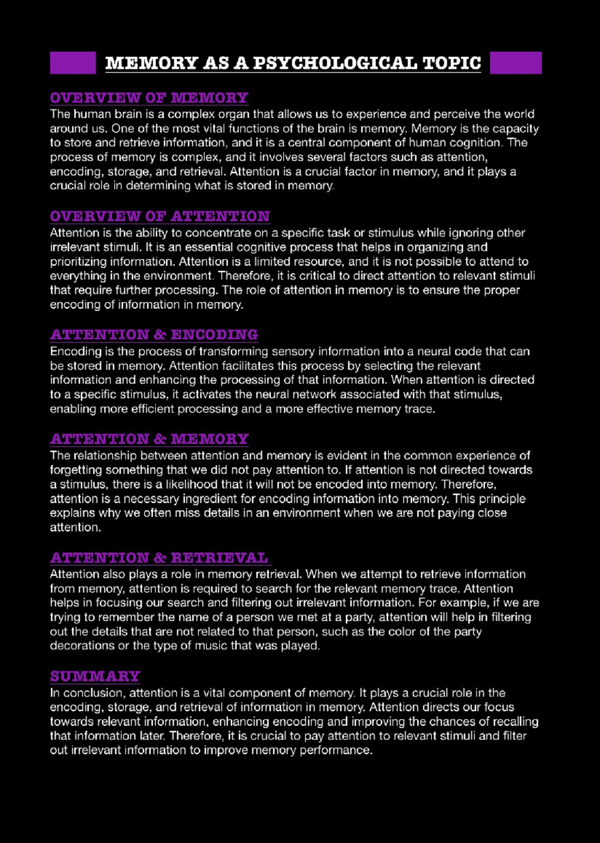 Summary: Role of Attention in Memory - 8638 - Studocu