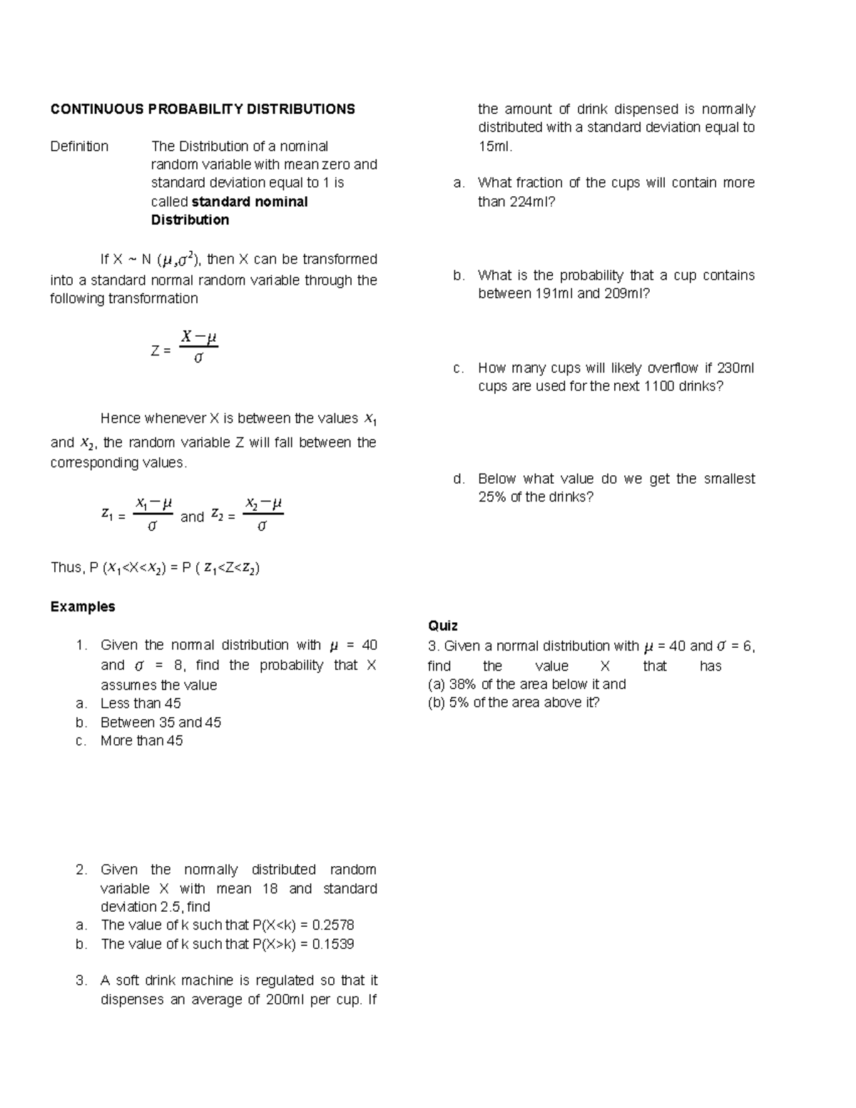 Continuous Probability Distributions: Key Concepts and Examples - Studocu