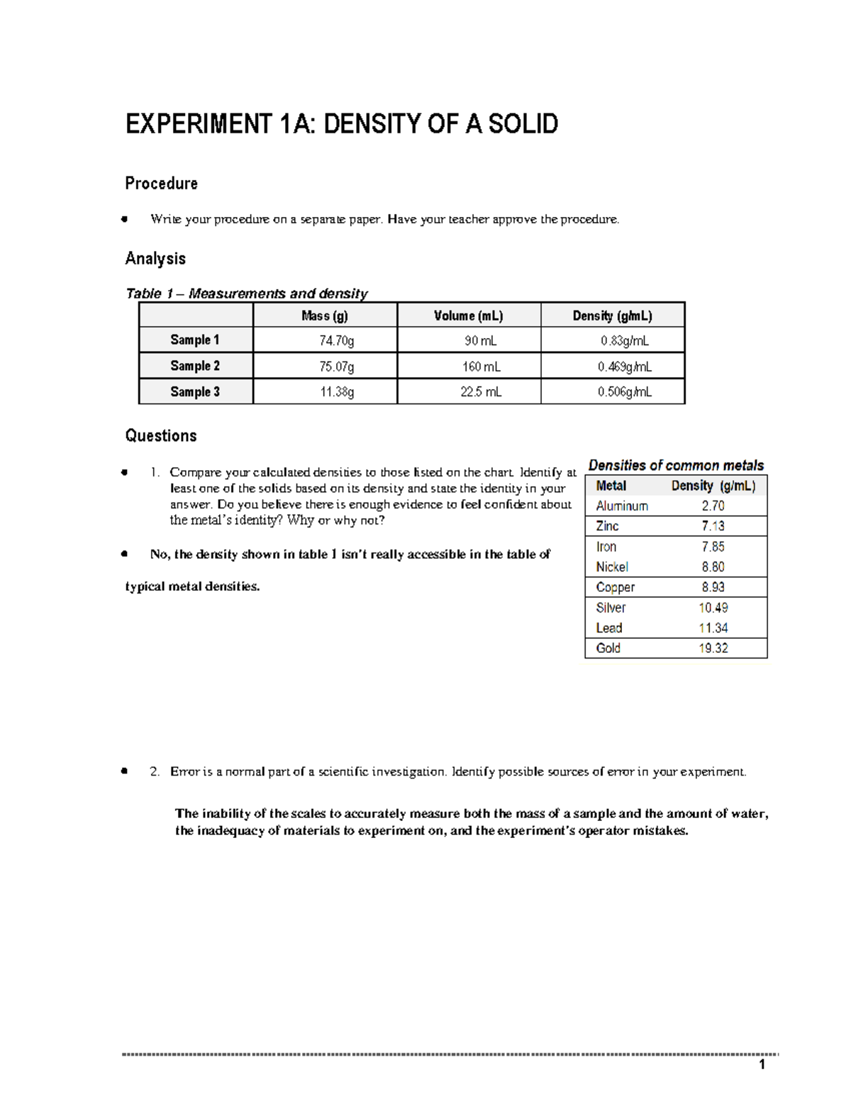 Density of Solids Experiment 1A - Detailed Analysis and Questions - Studocu