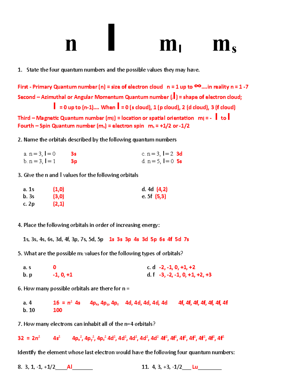 Quantum Numbers Worksheet ANSWER KEY - n l ml ms State the four quantum ...