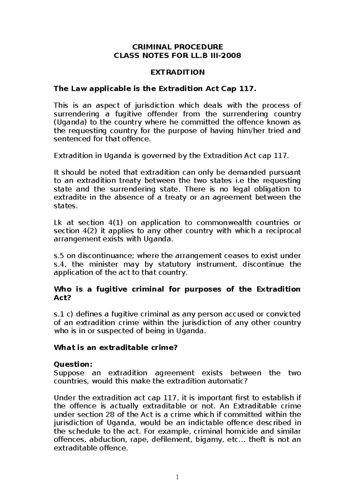 Class Notes on Extradition - LL.B III - Criminal Procedure - Studocu