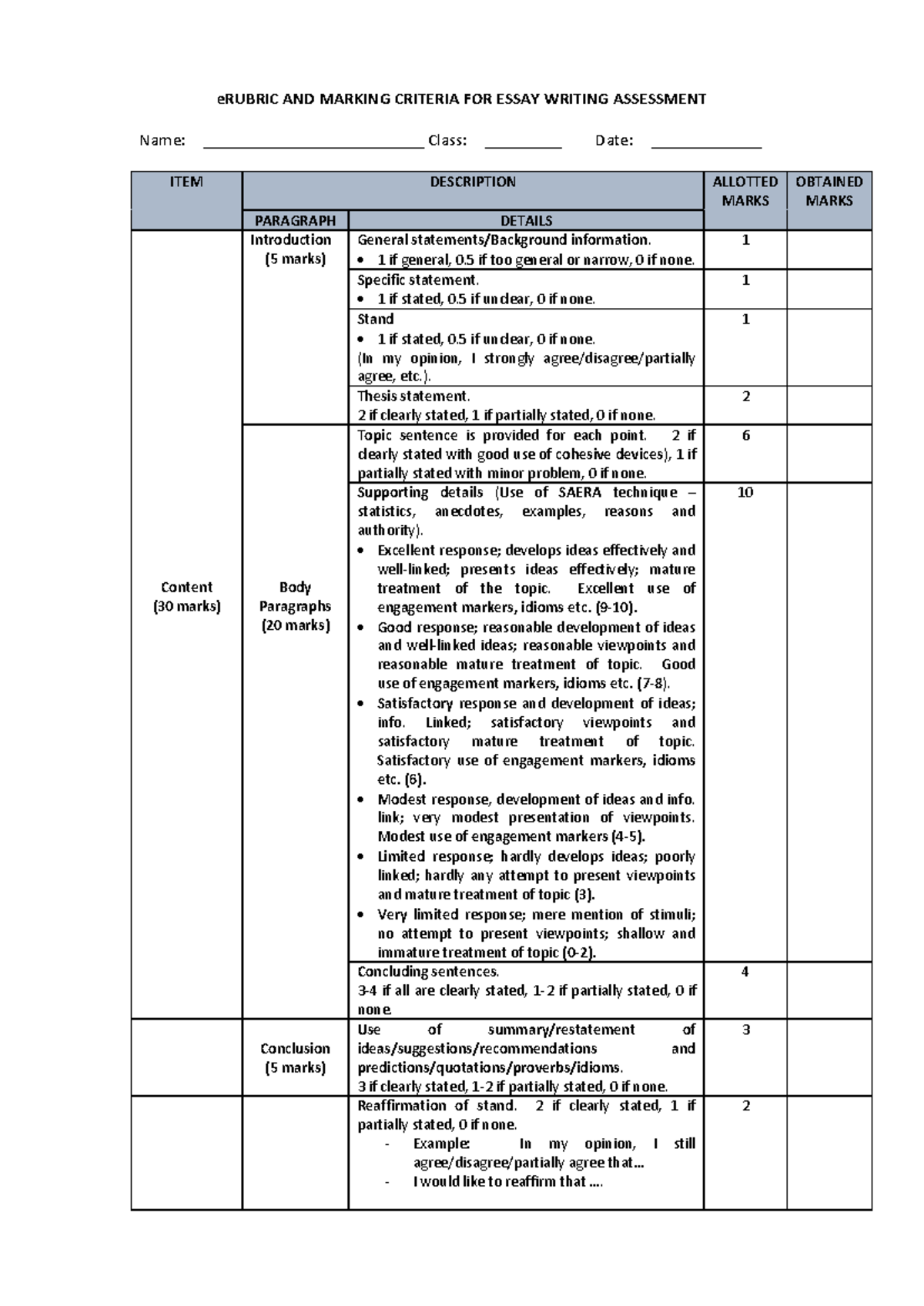 Pdfcoffee - upload just to get free download - eRUBRIC AND MARKING CRITERIA FOR ESSAY WRITING ...