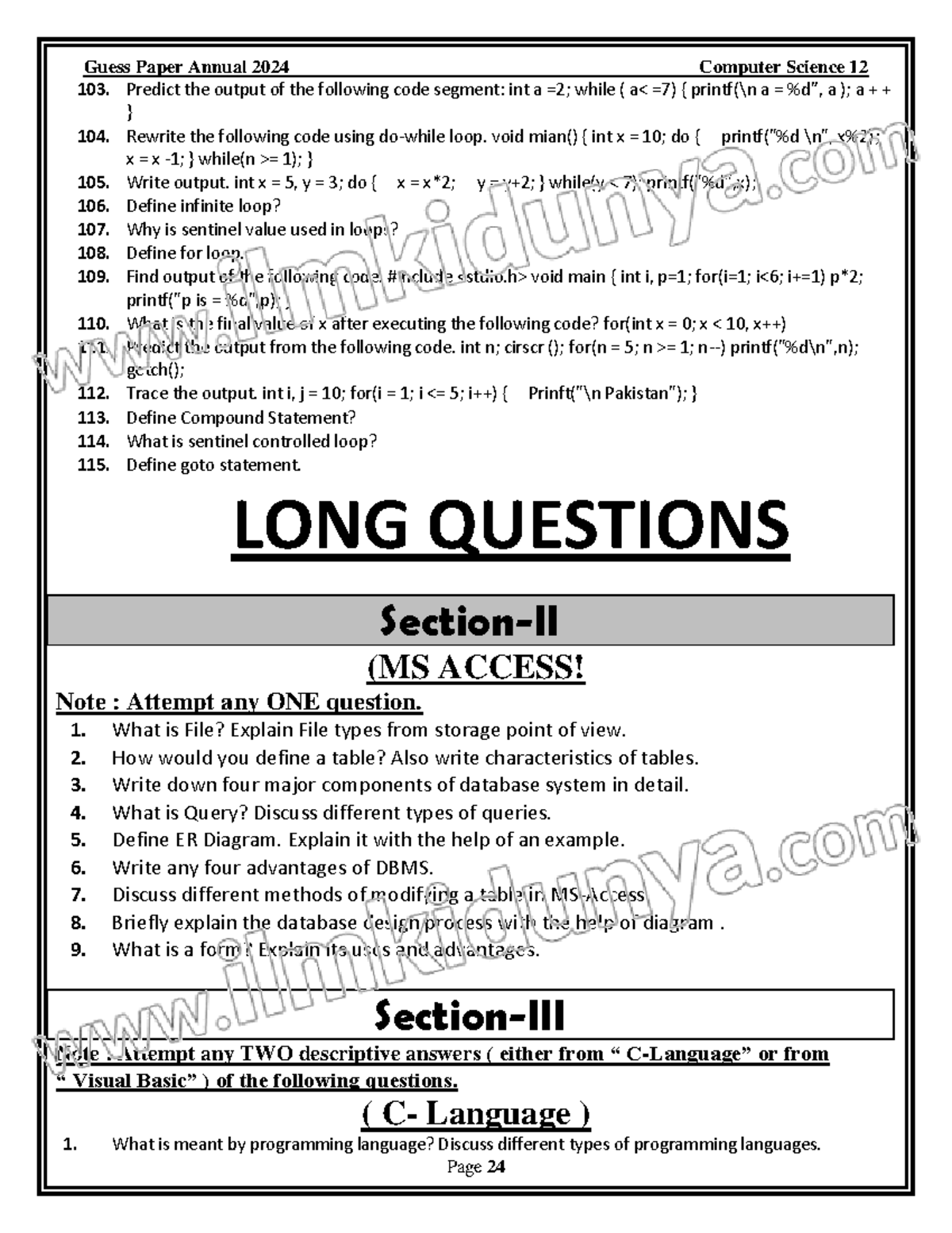 12th Class Guess Paper 2024: Computer Science 103 - Studocu