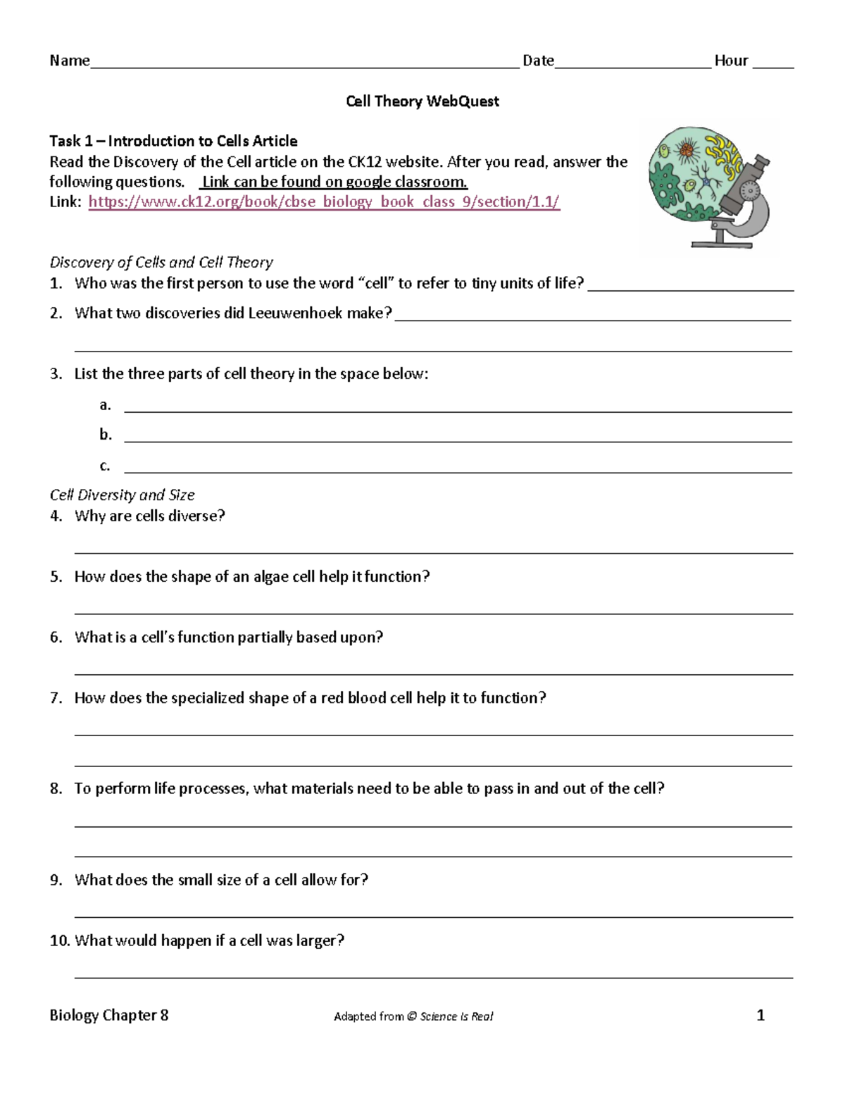 Biology 02 Cell Theory WebQuest: Exploring Cell Discovery and Diversity ...