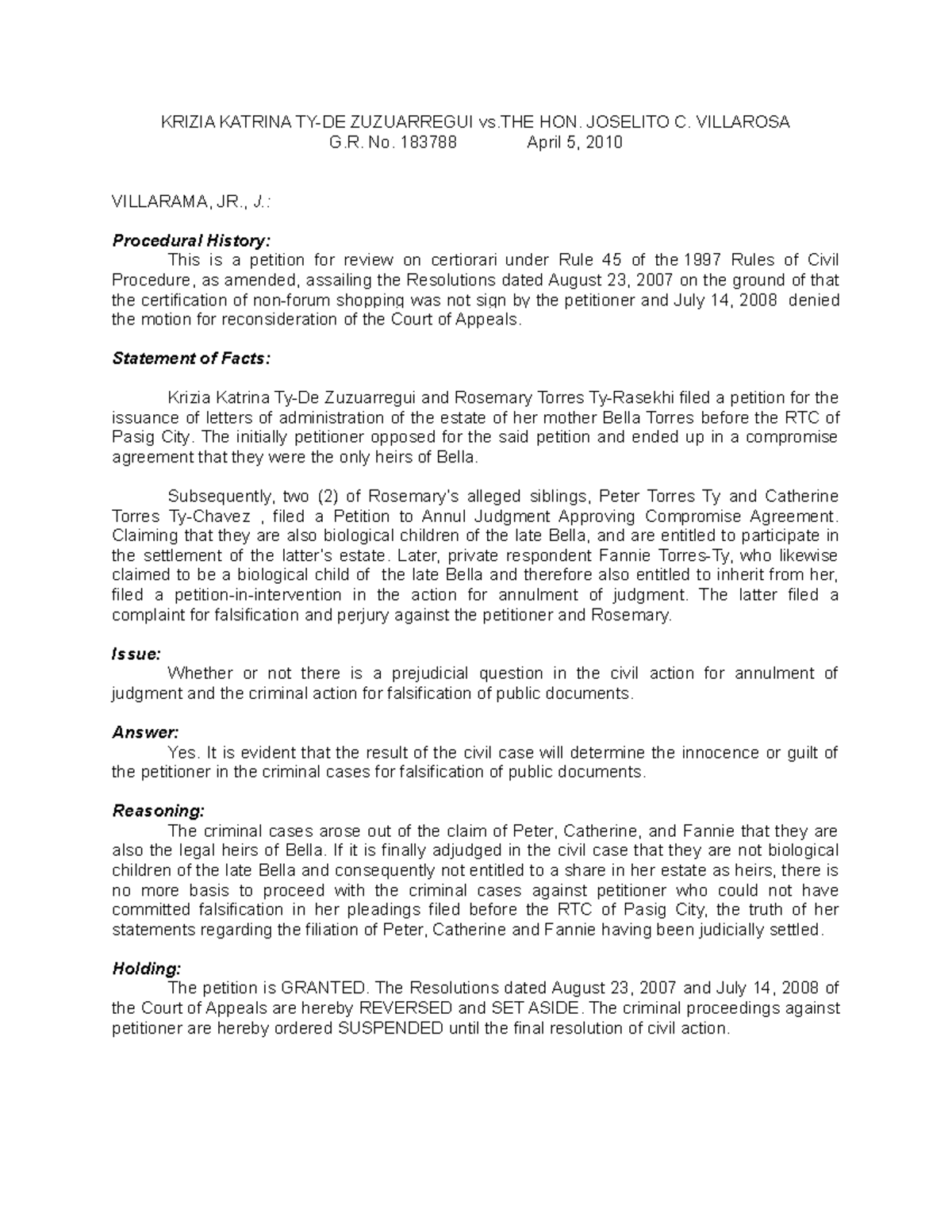 388135790 G.R. No. 183788: Zuzuarregui vs Villarosa Case Review - Studocu