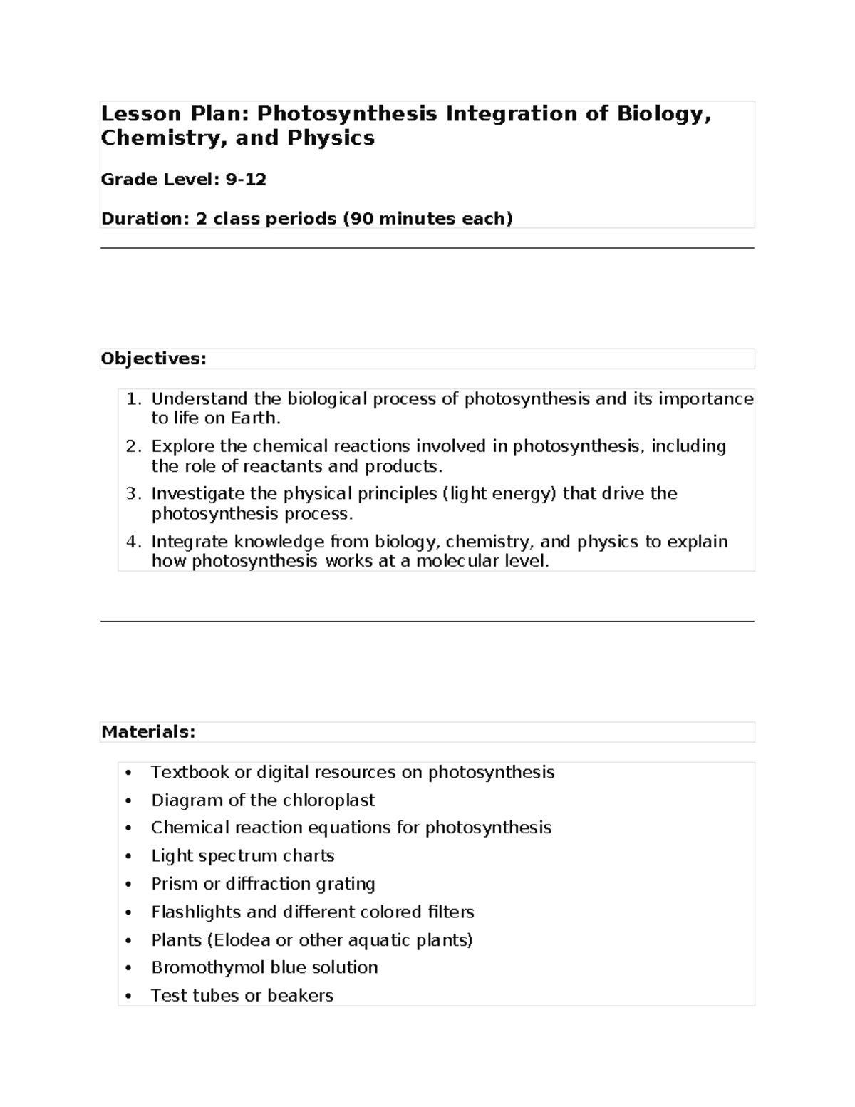 Lesson Plan: Photosynthesis Integration (Biology, Chemistry, Physics ...