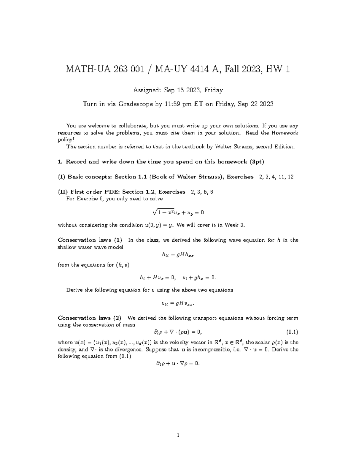HW1 - Assignment 1 of PDE NYU course - MATH-UA 263 001 / MA-UY 4414 A, Fall 2023, HW 1 Assigned ...