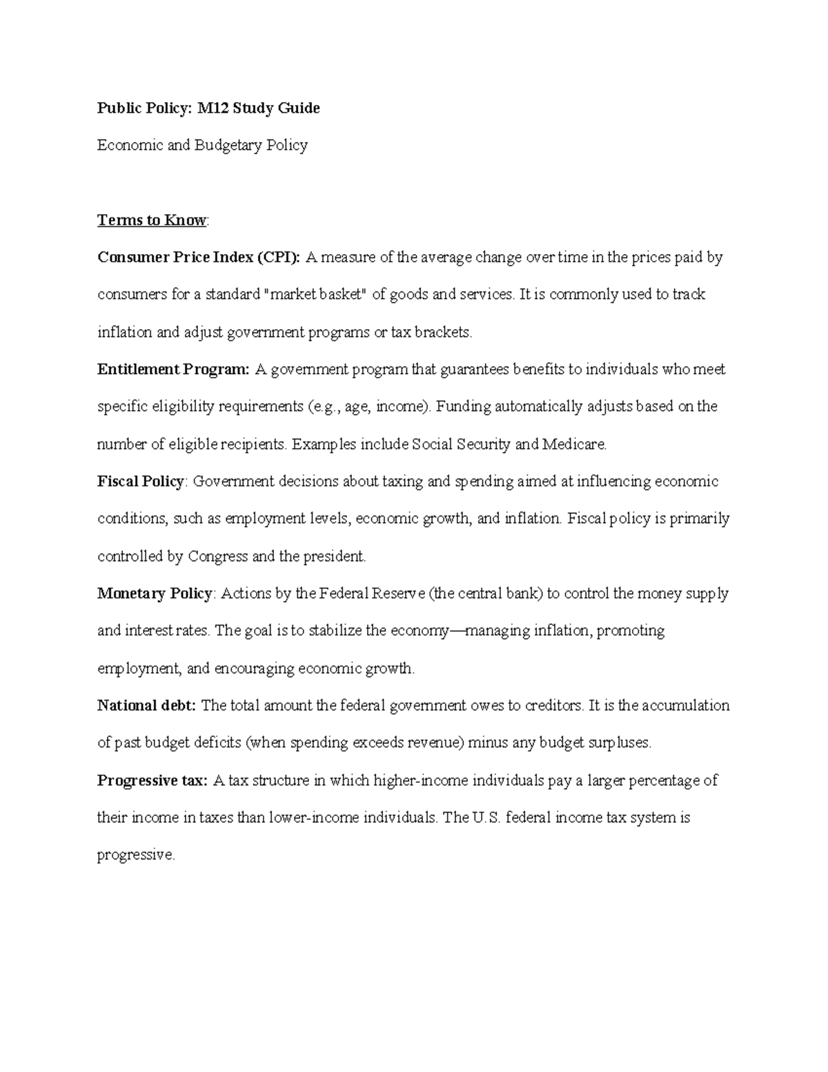 Public Policy (PBAD-3731) Study Guide: Economic & Budgetary Terms - Studocu
