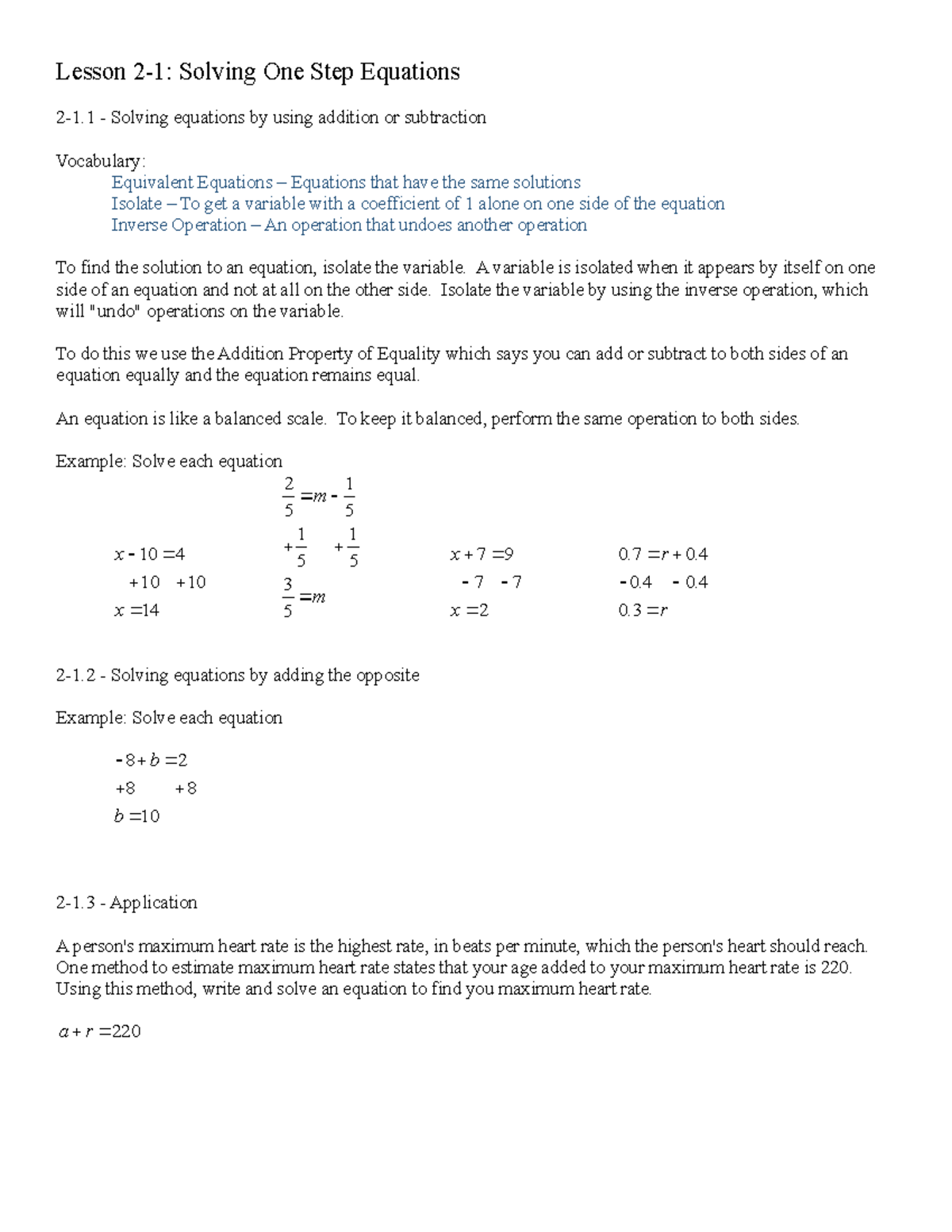 Lesson 2-1: Solving One-Step Equations in College Algebra - Studocu