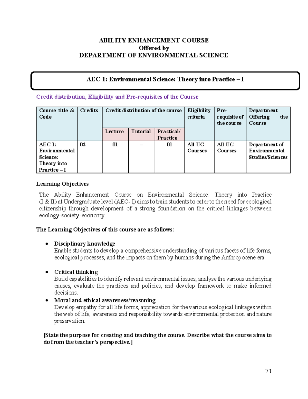AEC 1: Environmental Science - Theory into Practice I Syllabus - Studocu