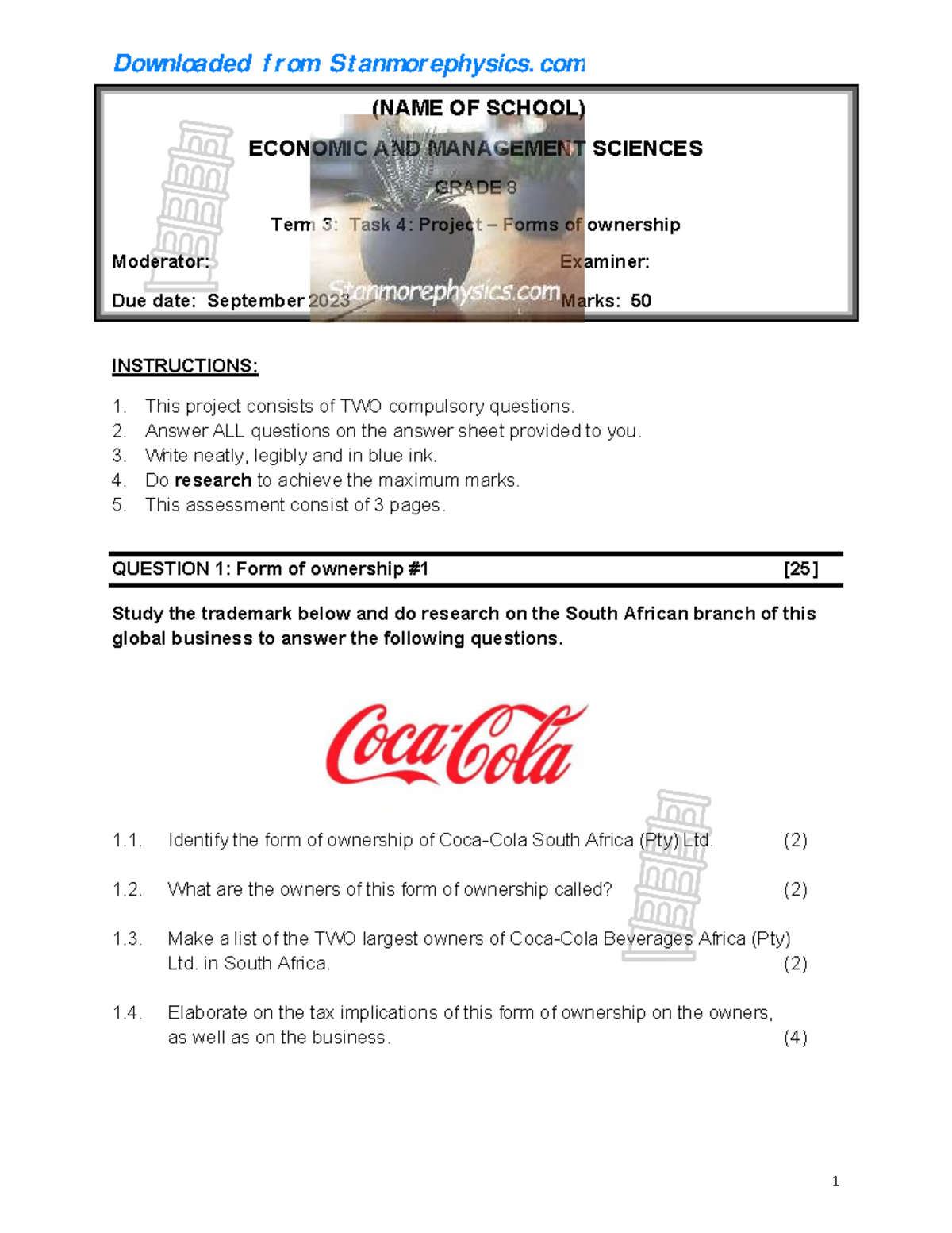 EMS Grade 8 Term 3 Project: Forms of Ownership QP & Memo 2023 - Studocu