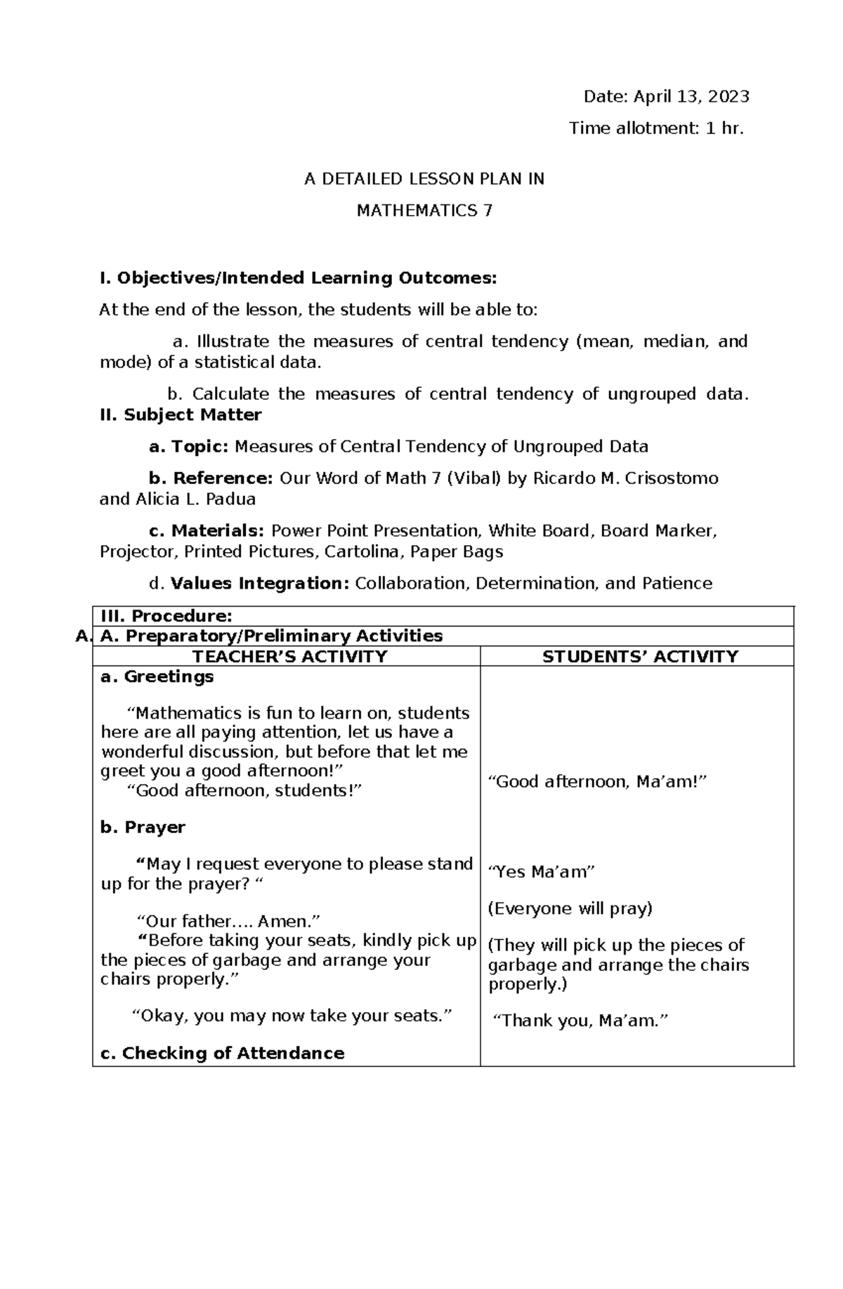 detailted lesson plan - Date: April 13, 2023 Time allotment: 1 hr. A ...