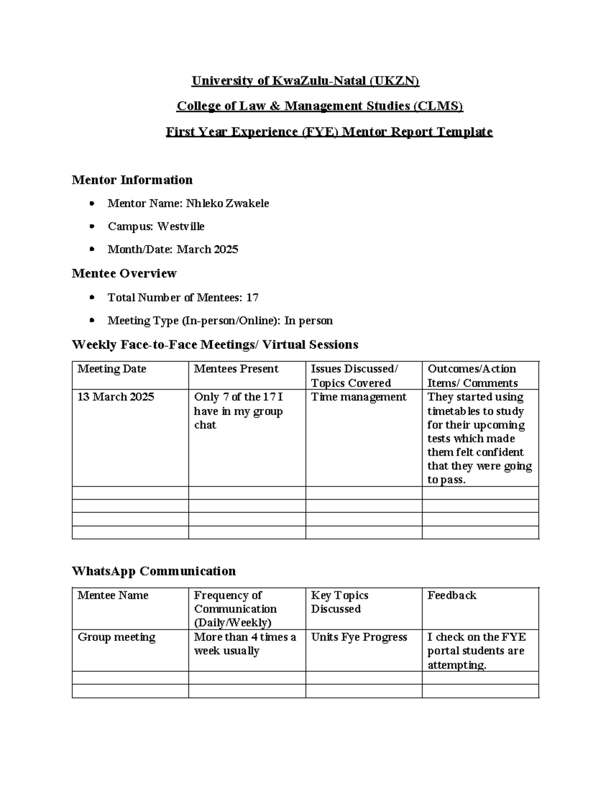 FYE Mentor Report Template - UKZN CLMS March 2025 - Studocu