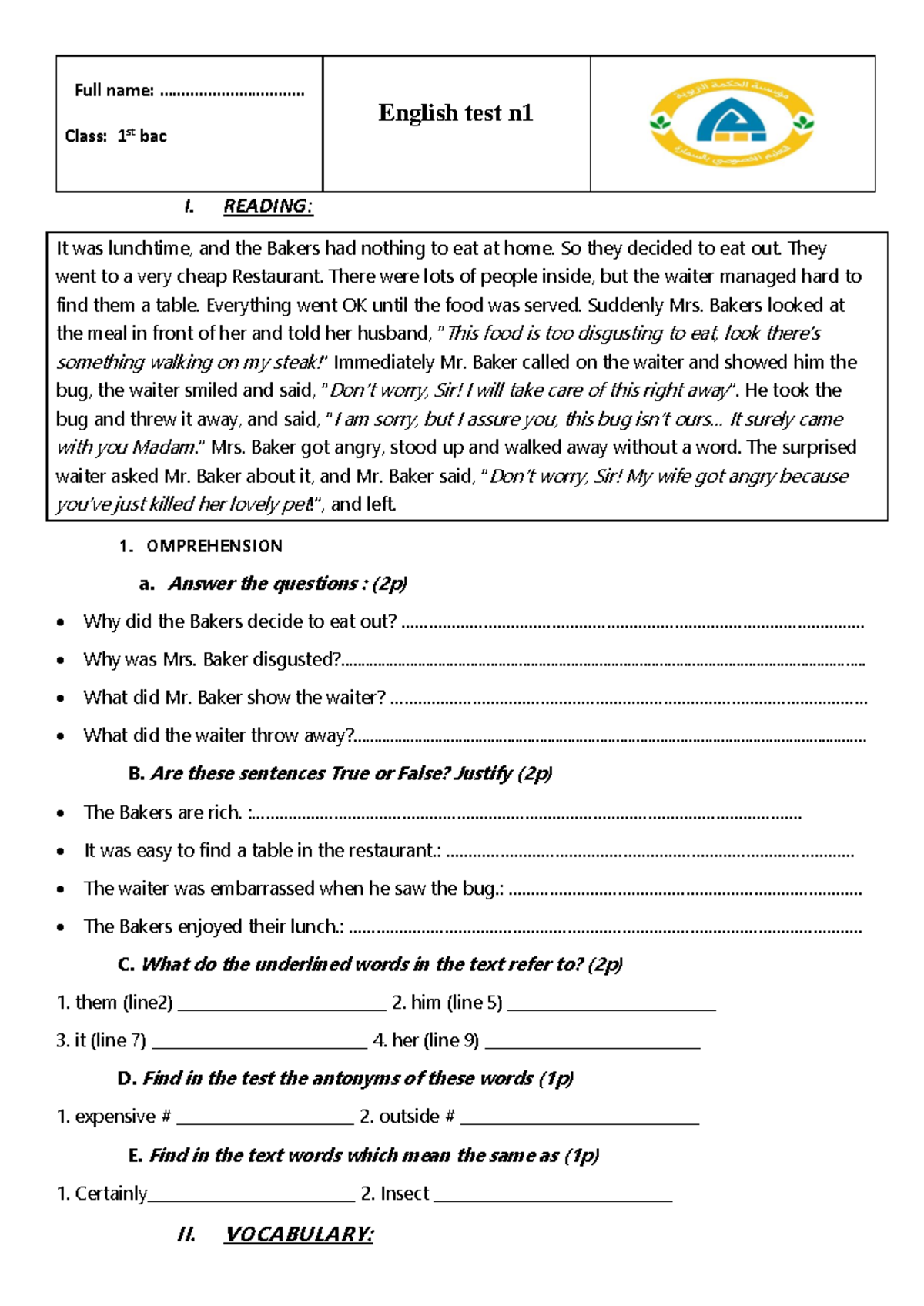 English Test N1 - 1st Bac: Reading Comprehension & Vocabulary - Studocu