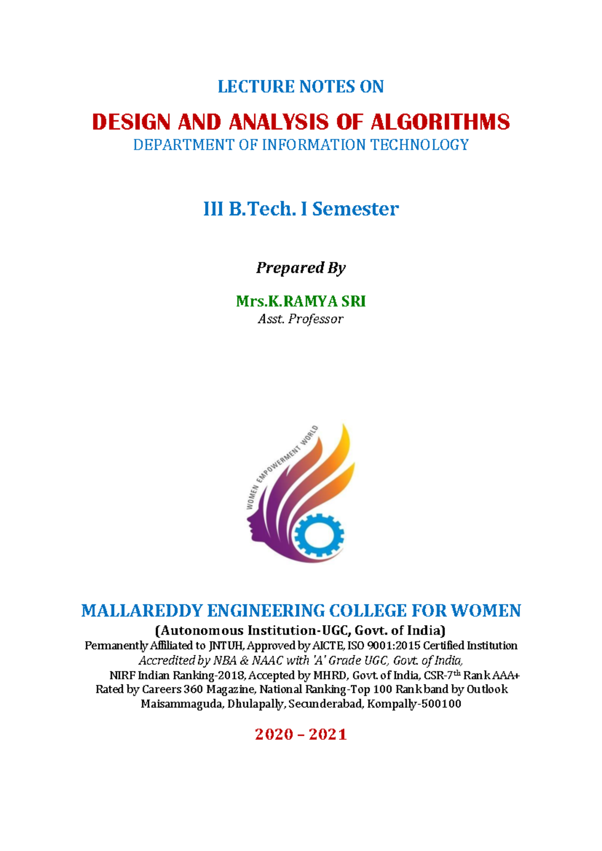 DAA Notes -IT - 09-09-2020 - LECTURE NOTES ON DESIGN AND ANALYSIS OF ...