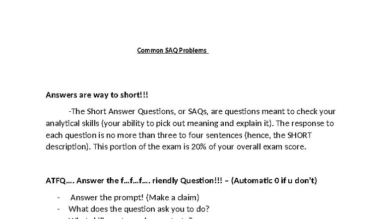 Common SAQ Problems - Practice Materials for Essay Writing - Studocu