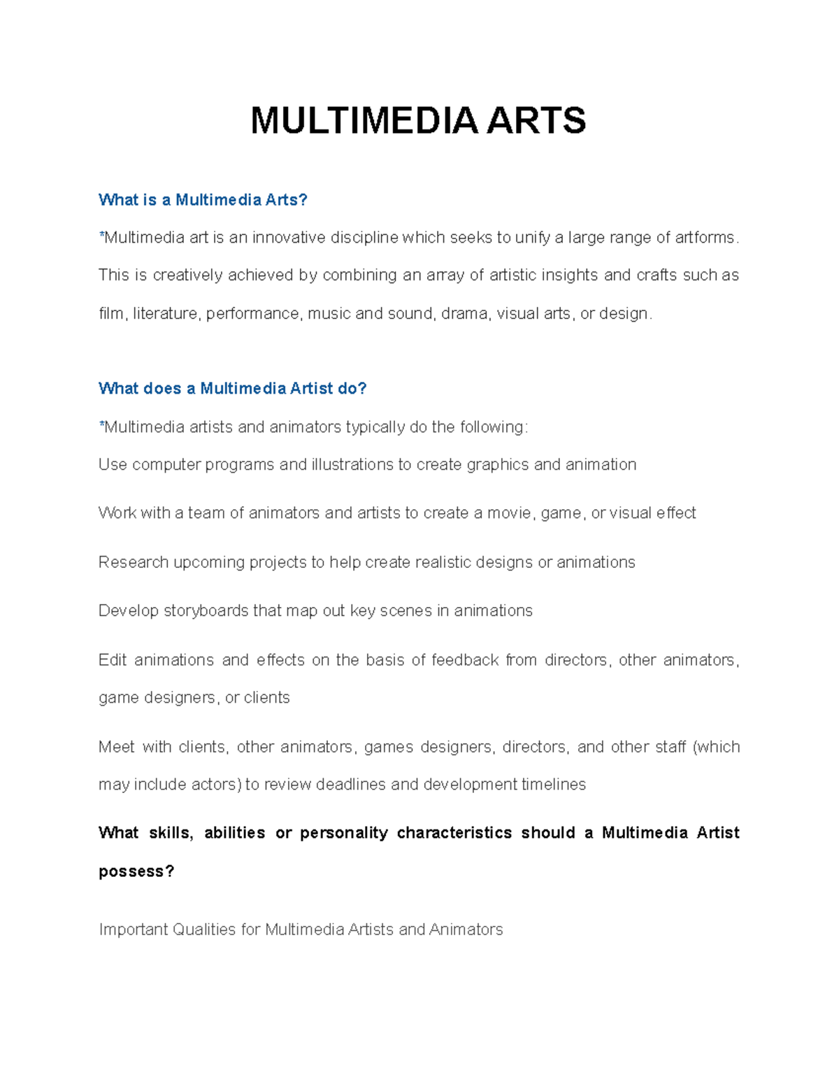 What is a Multimedia Arts - MULTIMEDIA ARTS What is a Multimedia Arts ...