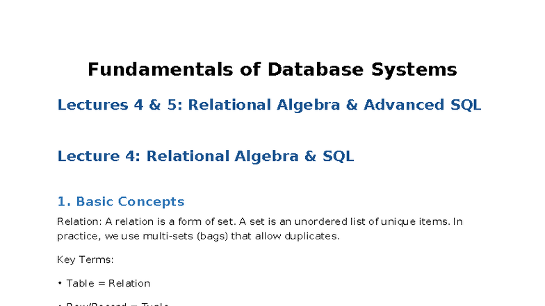 Database Systems Fundamentals: Relational Algebra & SQL Concepts - Studocu