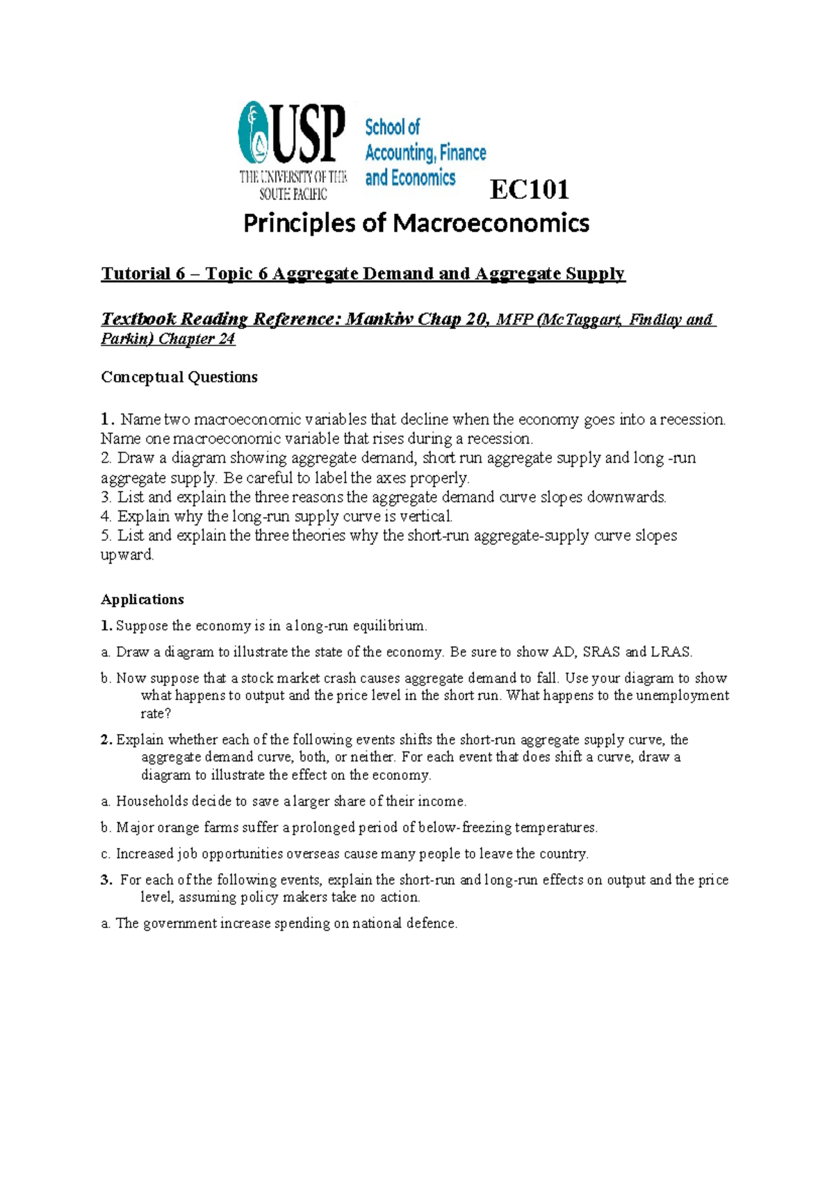EC101 Final Exam Tutorial 6: Aggregate Demand & Supply Analysis - Studocu