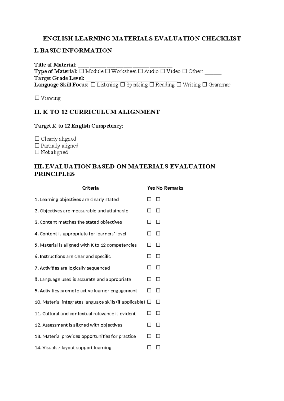 ENGLISH 101: Learning Materials Evaluation Checklist - Studocu