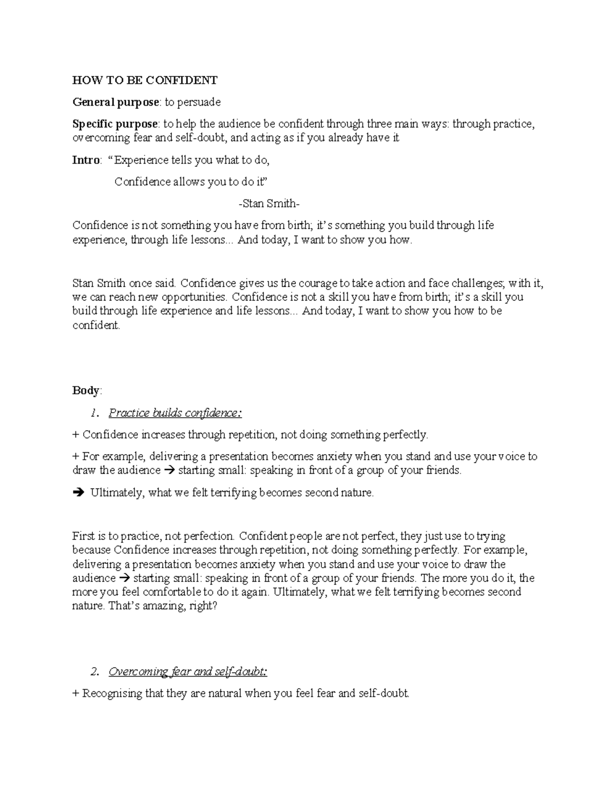 HOW TO BE CONFIDENT - Persuasive Speech Script - Studocu