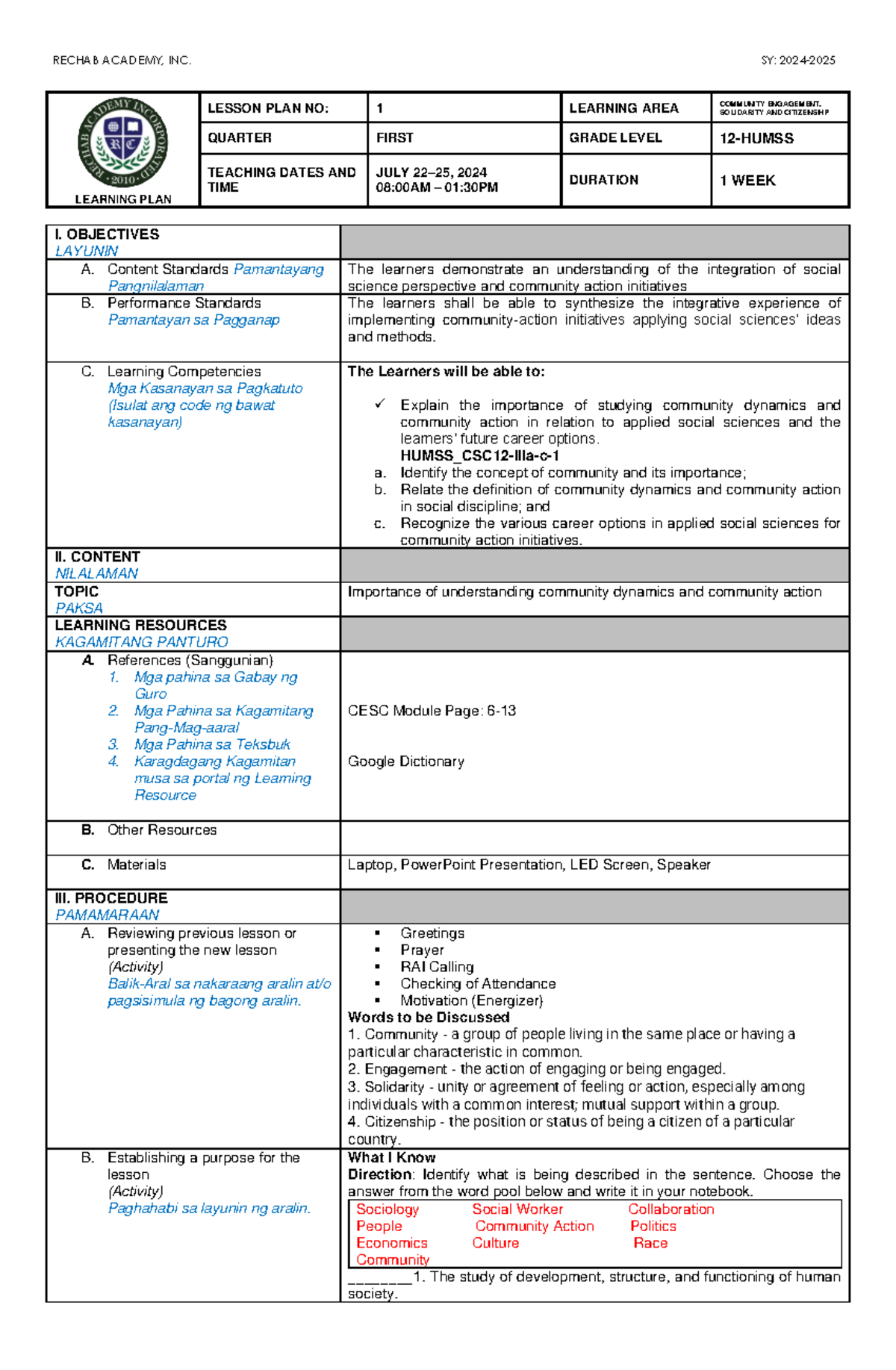 HUMSS 12 - CESC - Lesson Plan on Community Engagement & Dynamics - Studocu
