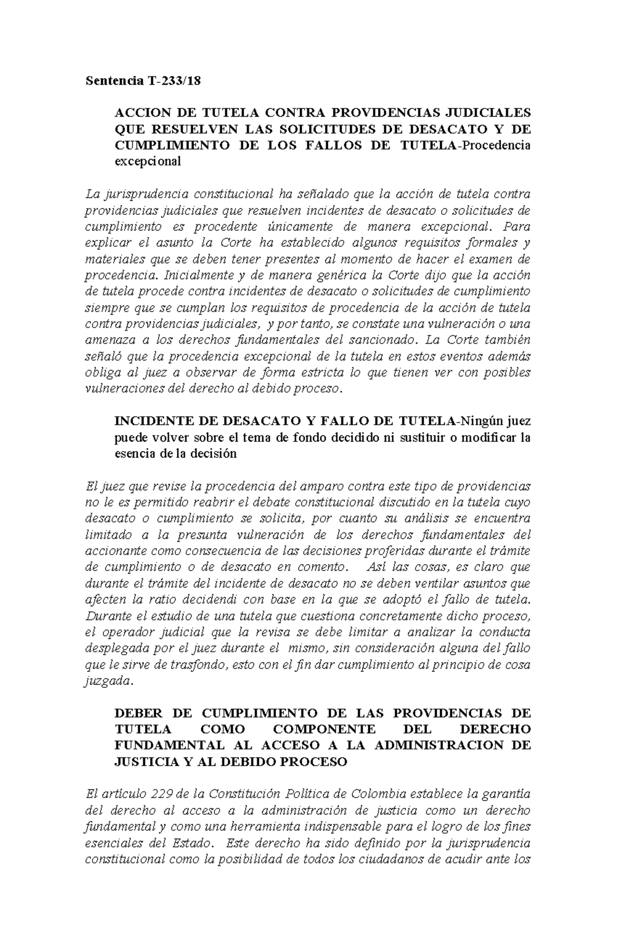 T-233-18: Análisis de Desacato y Cumplimiento en Fallos de Tutela - Studocu