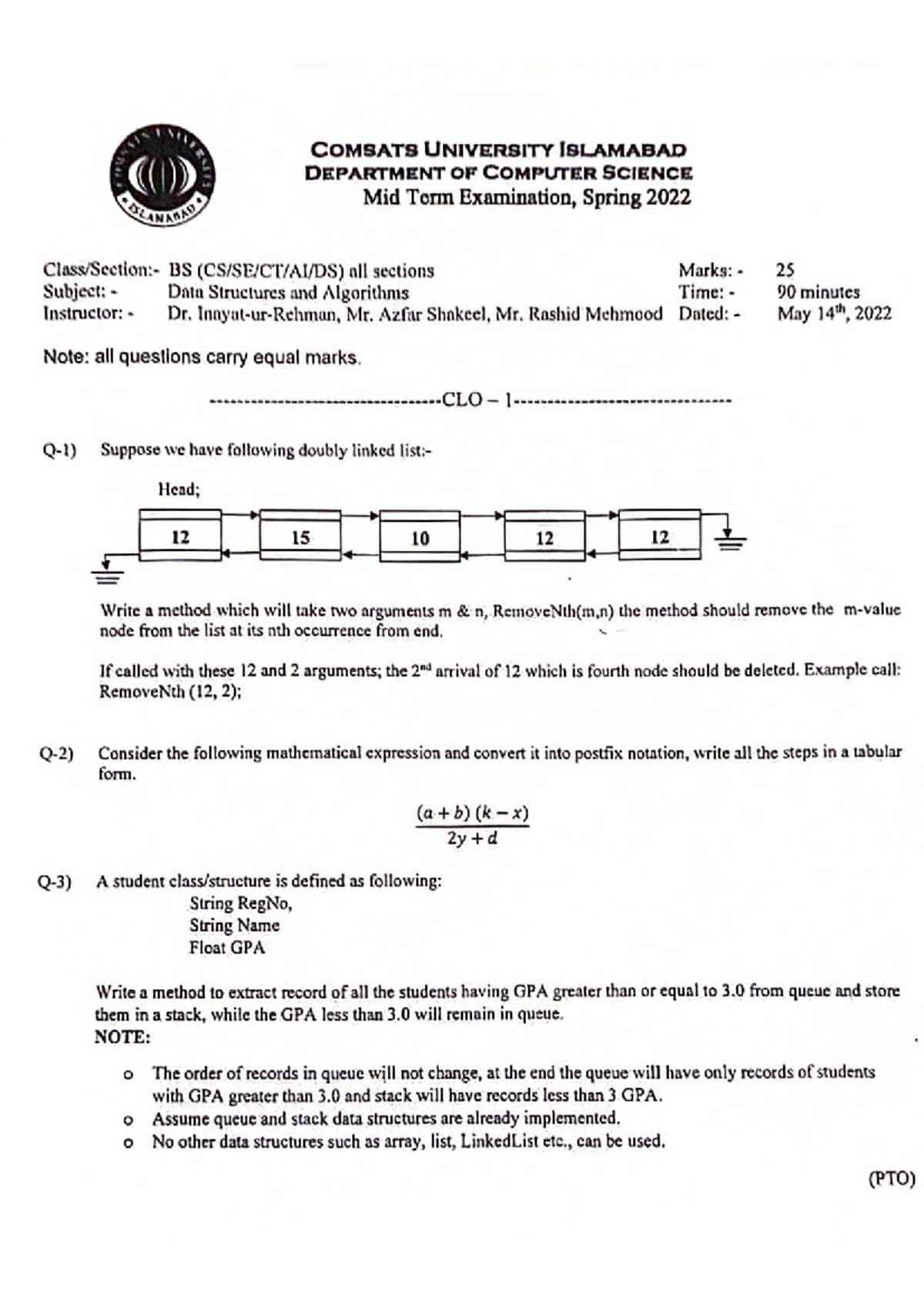 COMSATS CS SP22 Mid Term Exam: Data Structures & Algorithms - Studocu