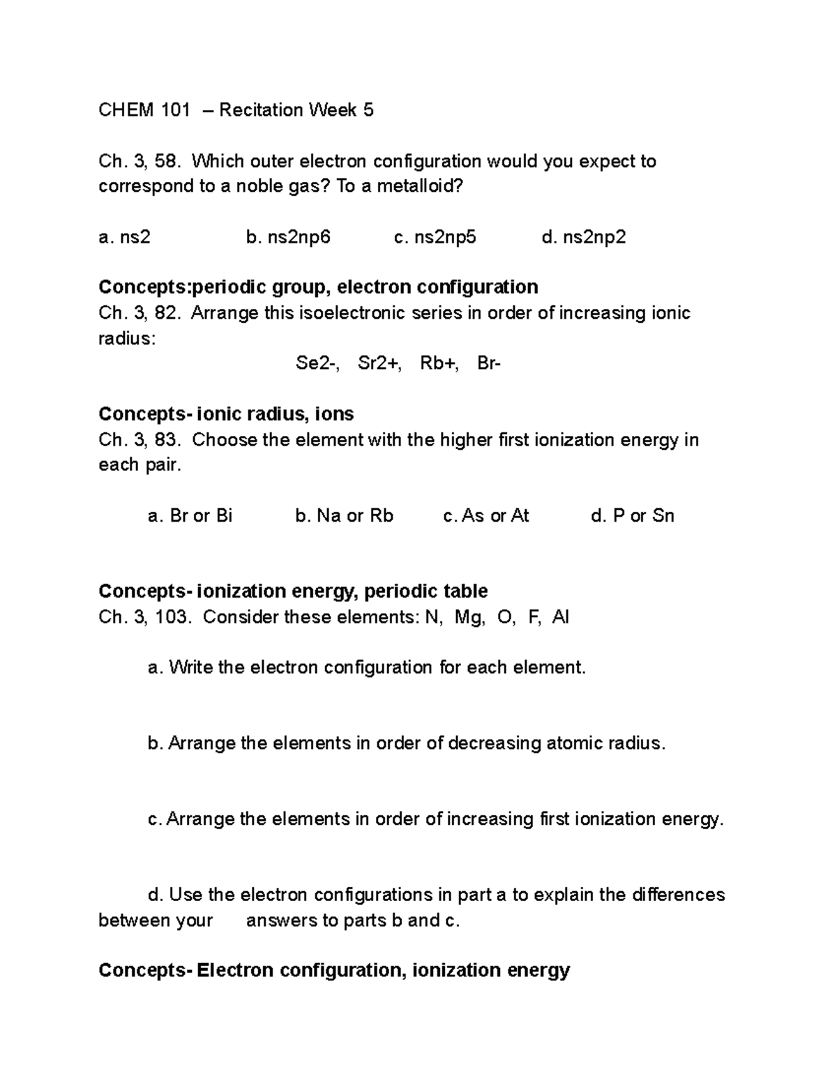 CHEM 101 – Recitation Notes for Week 5 on Electron Configurations - Studocu