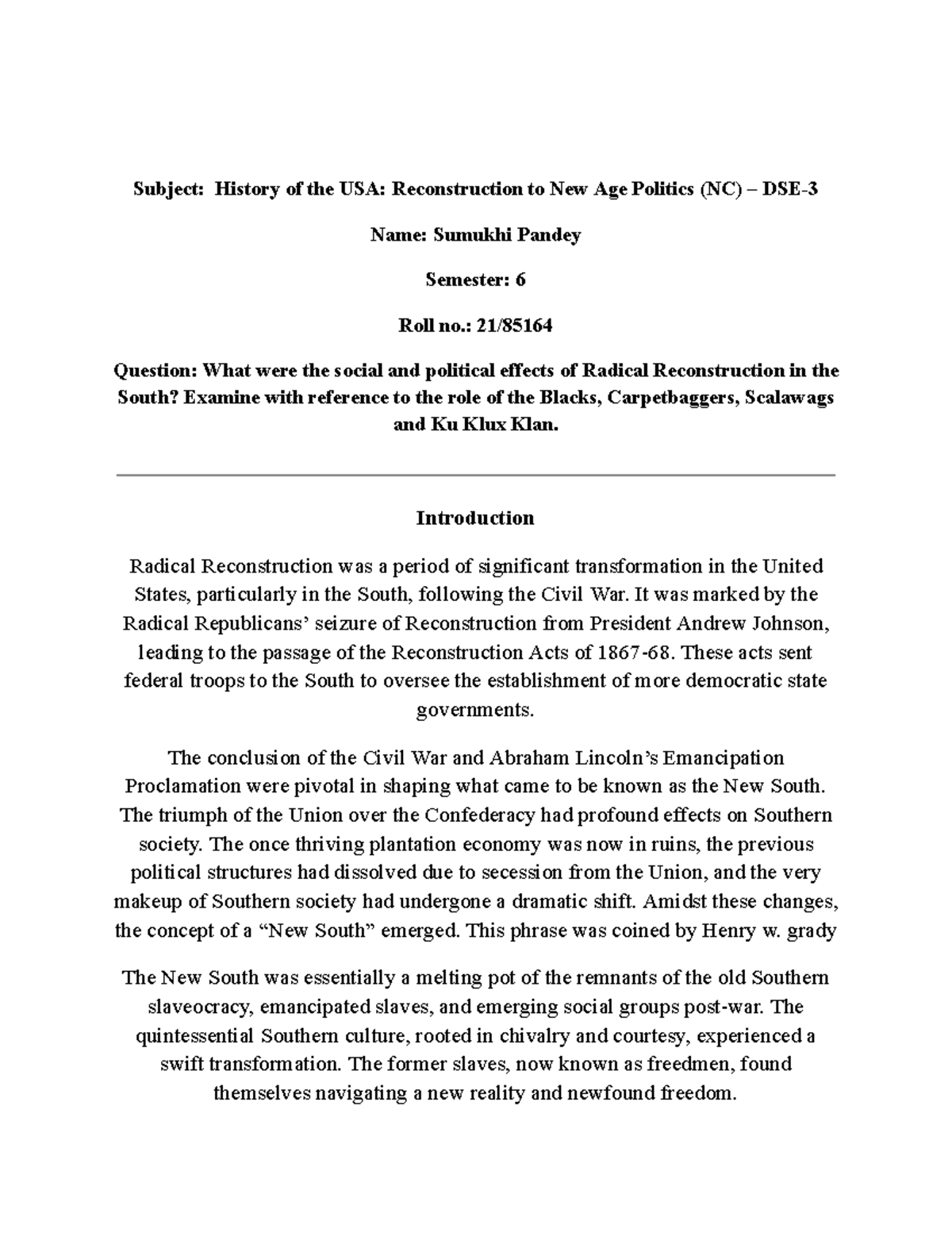 DSE-NC6: Social & Political Effects of Radical Reconstruction in the ...