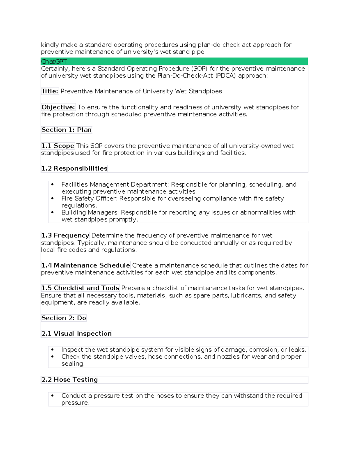 Preventive Maintenance SOP for Wet Standpipes - CE 101 - Studocu