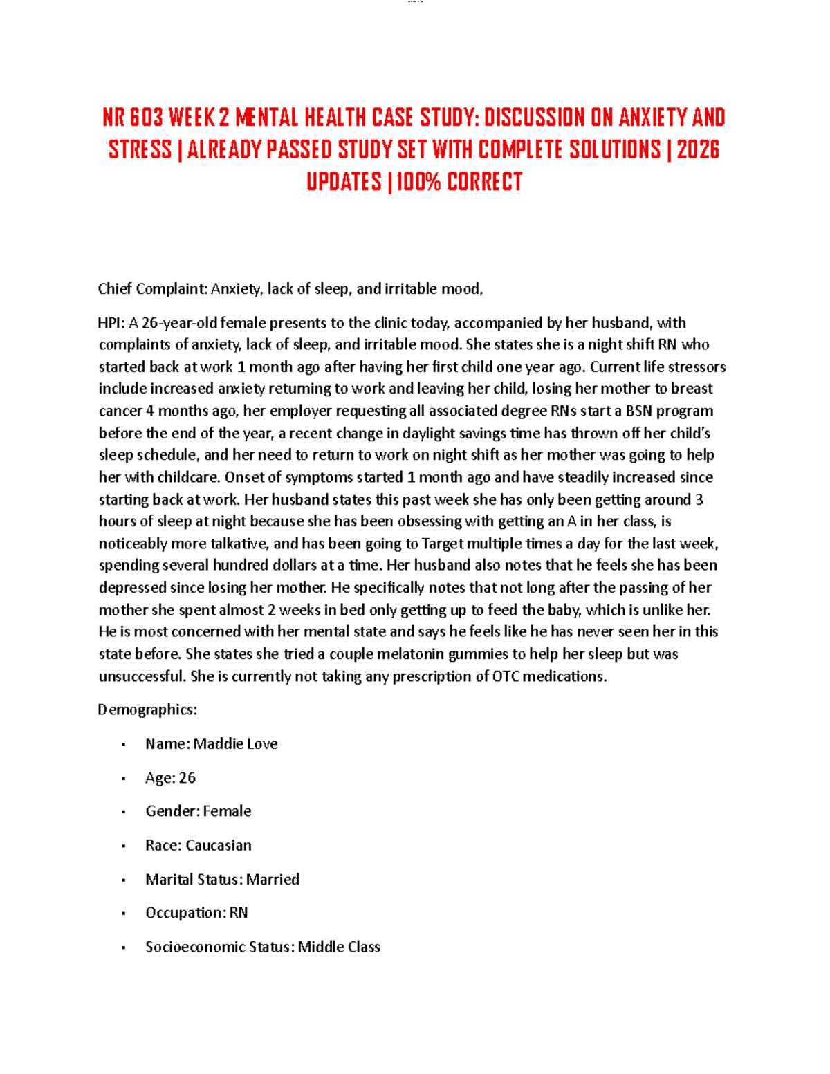 NR 603 Week 2 Mental Health Case Study: Anxiety & Stress Discussion ...
