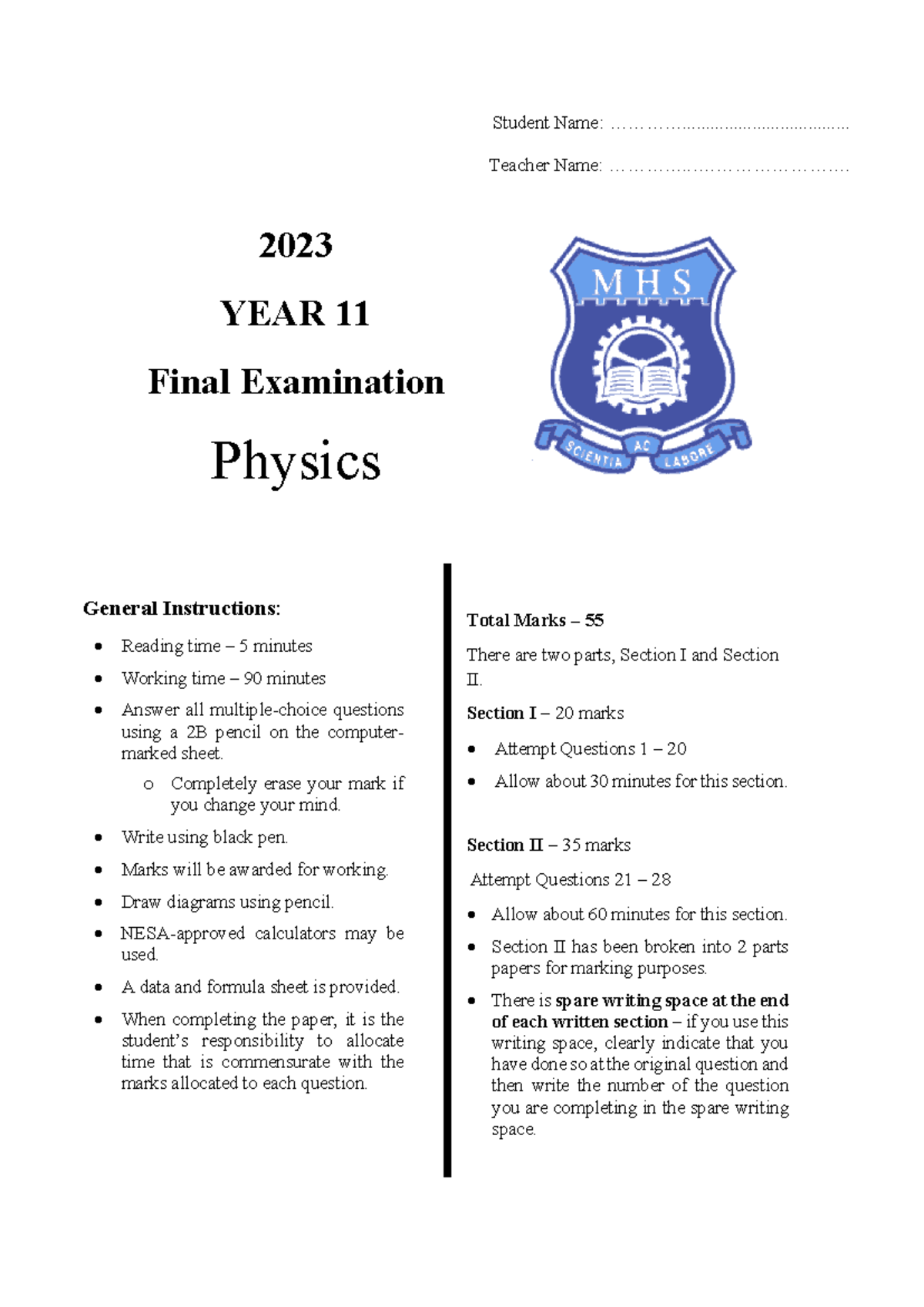 2023 Year 11 Final Exam Physics: Comprehensive Guide - Studocu