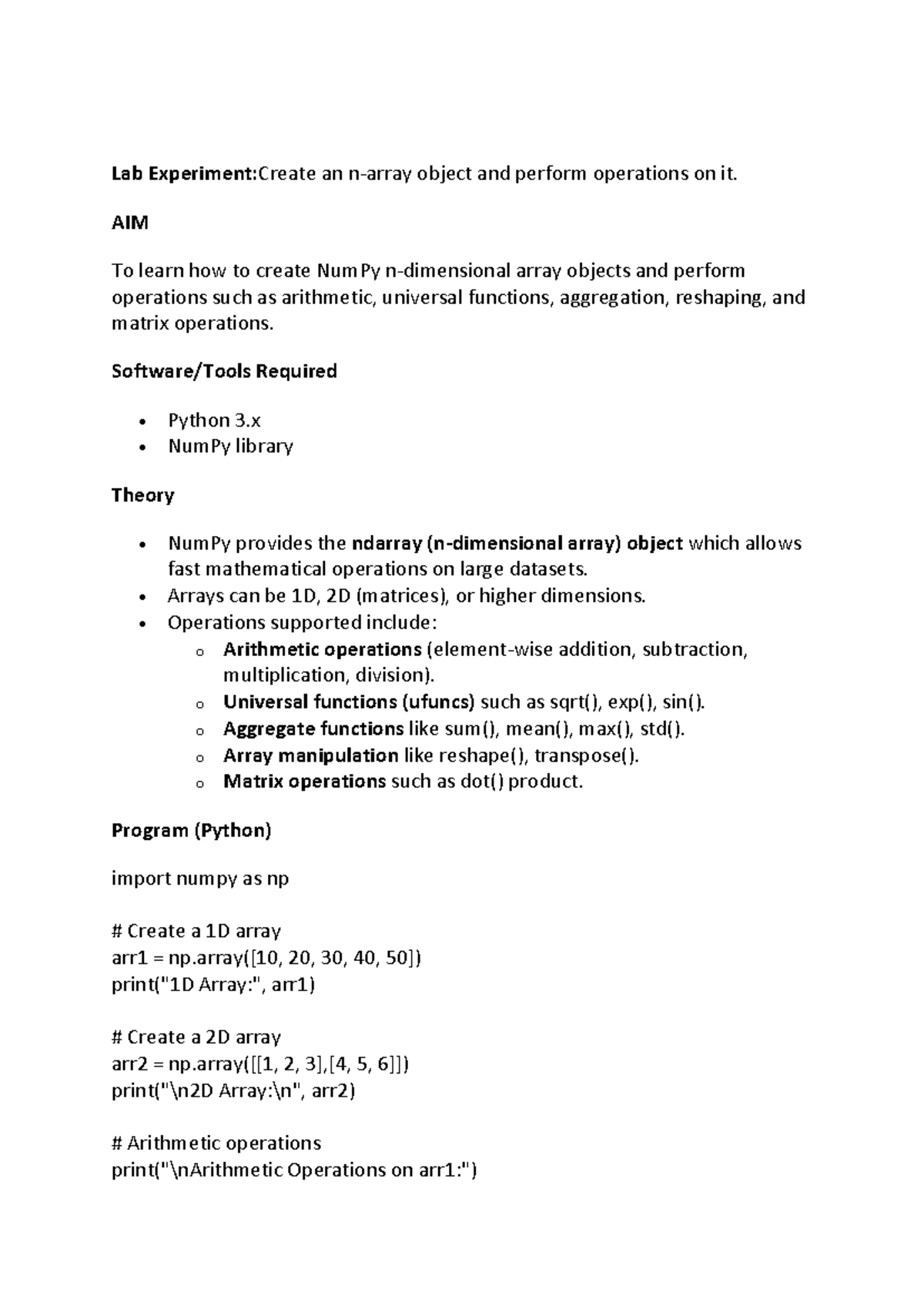 Numpy Programs: Lab Experiments on Array Operations and Functions - Studocu