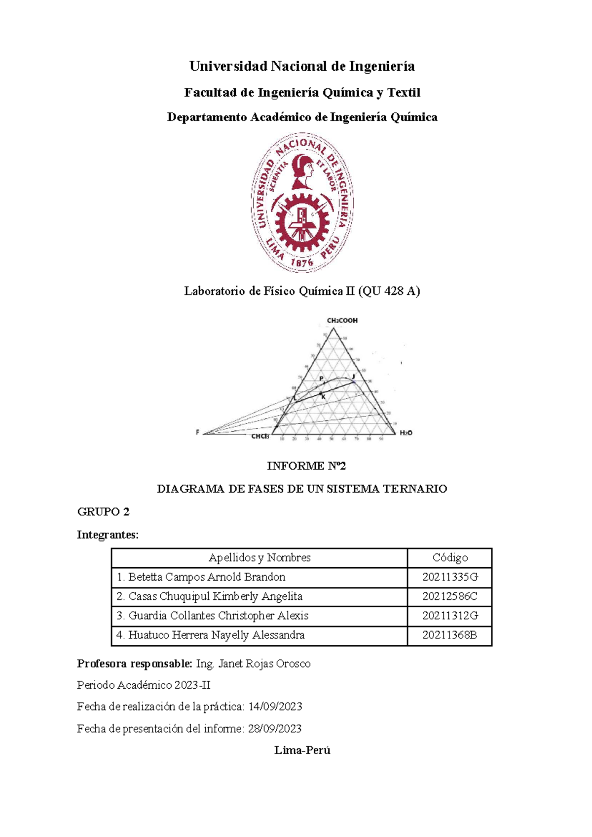 Informe Nº2: Diagrama de Fases de un Sistema Ternario (QU 428 A) - Studocu