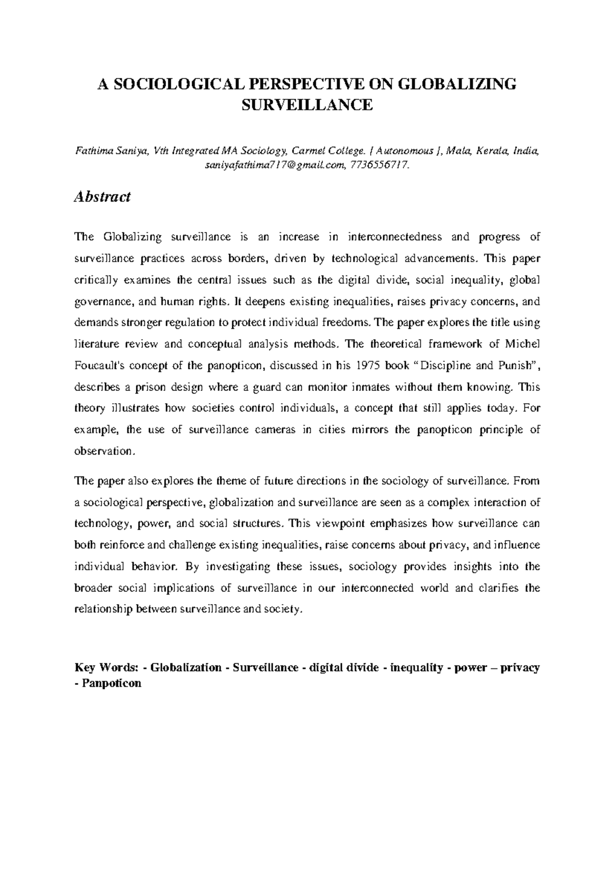 Abstract - Vimala - ....... - A SOCIOLOGICAL PERSPECTIVE ON GLOBALIZING ...