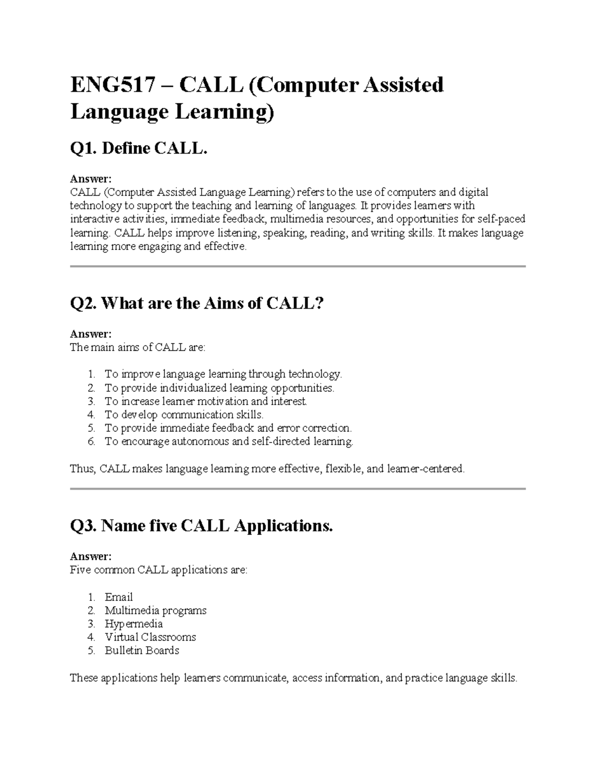 ENG517 CALL Midterm Study Guide: Key Concepts & Applications - Studocu