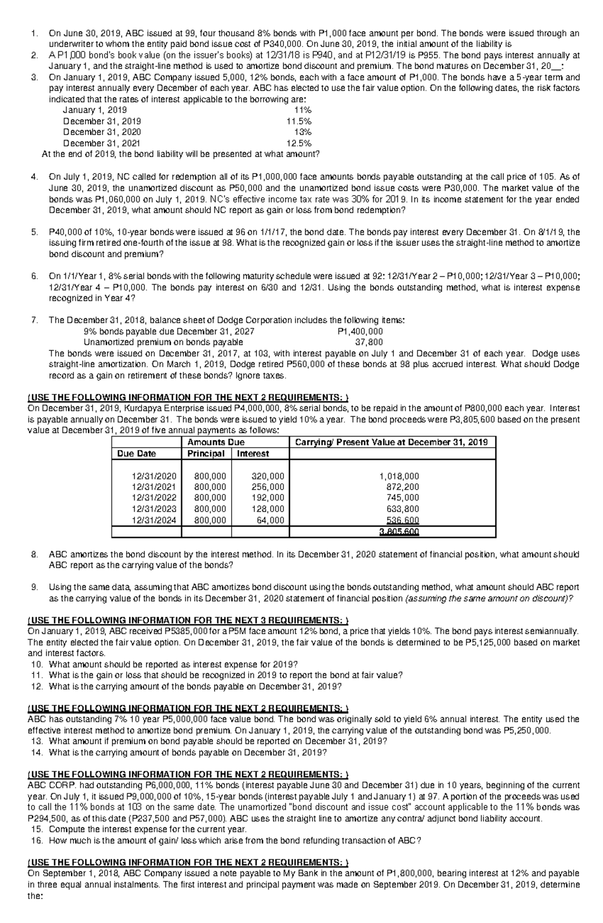 113.BP Practice Material: Bond Issuance, Amortization & Redemption ...