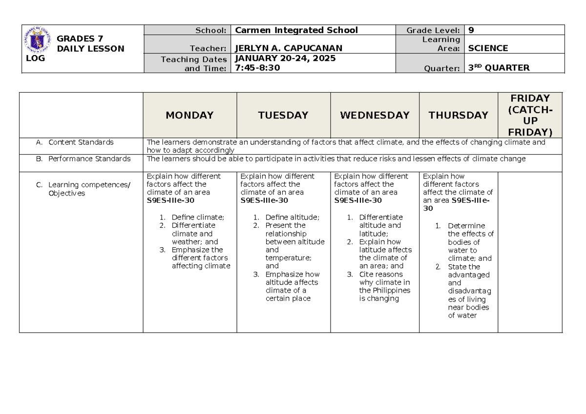 Science 9 3rd Quarter Week 4 Lesson Plan on Climate Factors - Studocu