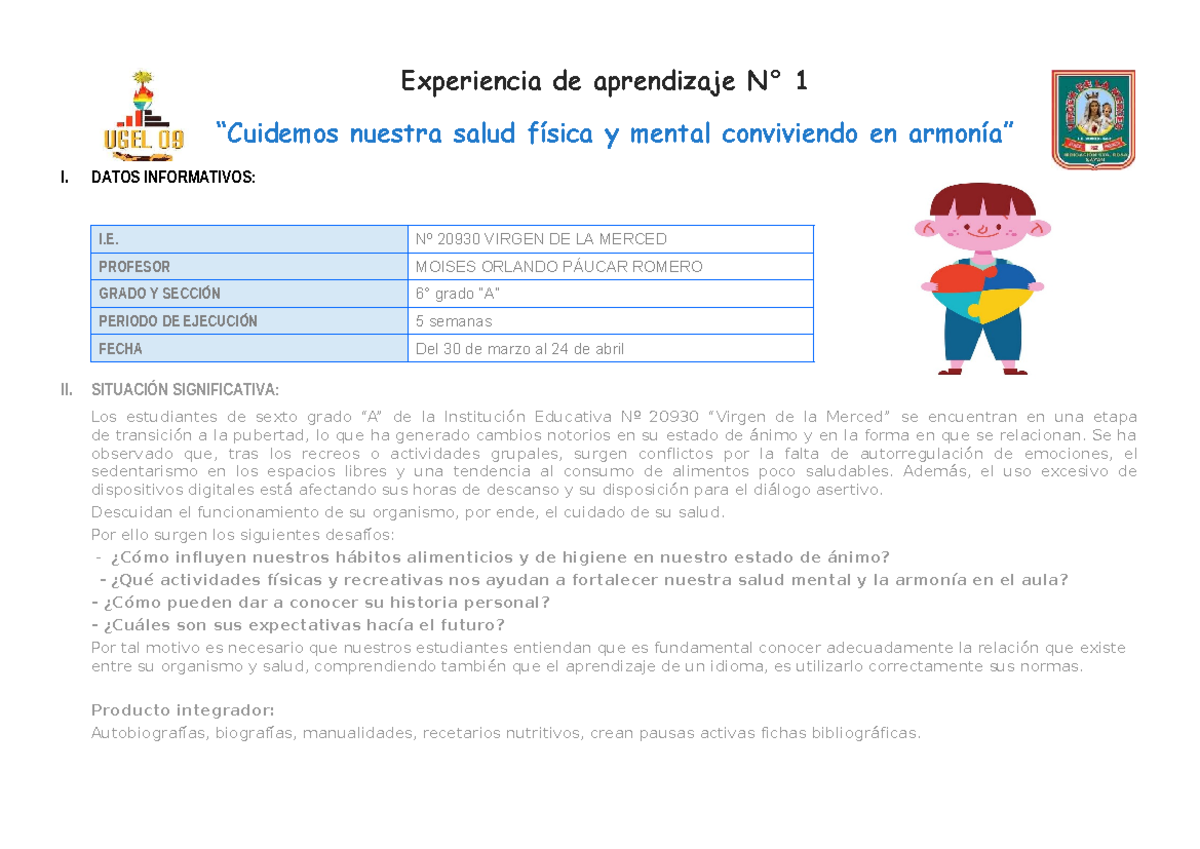 Experiencia de Aprendizaje 1: Salud Física y Mental en Sexto A - Studocu