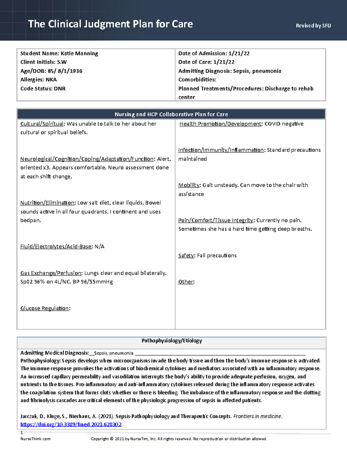 Clinical Judgement Plan of Care 1: Sepsis and Pneumonia Analysis - Studocu