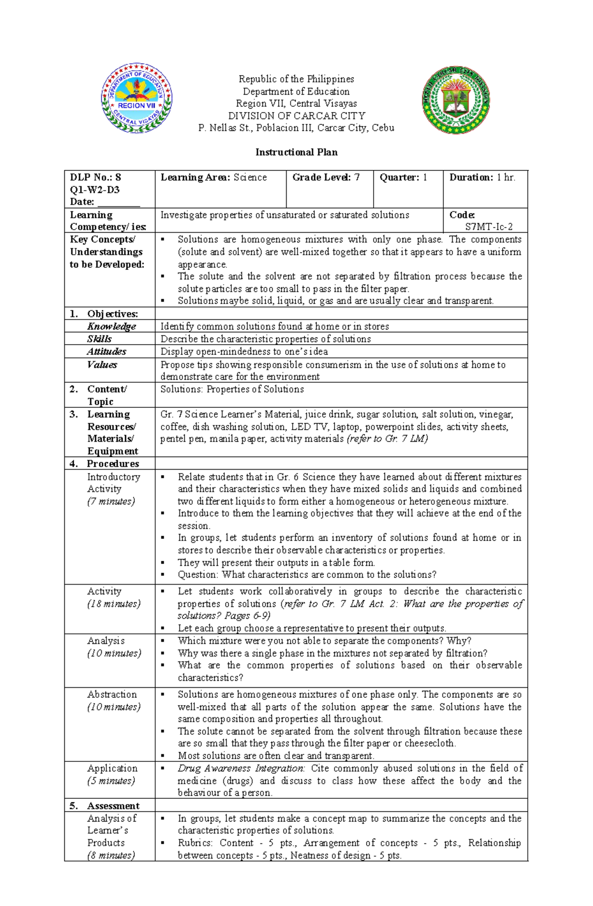 Q1-W2-D3: Lesson Plan on Properties of Solutions for Gr. 7 Science ...