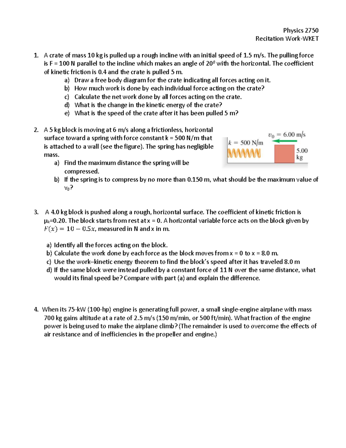 Physics 2750 Recitation: Work, Kinetic Energy & Forces Analysis - Studocu