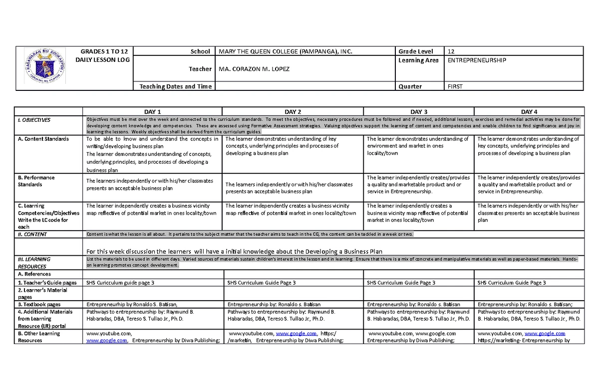 Week 11-12 Applied Entrep - GRADES 1 TO 12 DAILY LESSON LOG School MARY ...